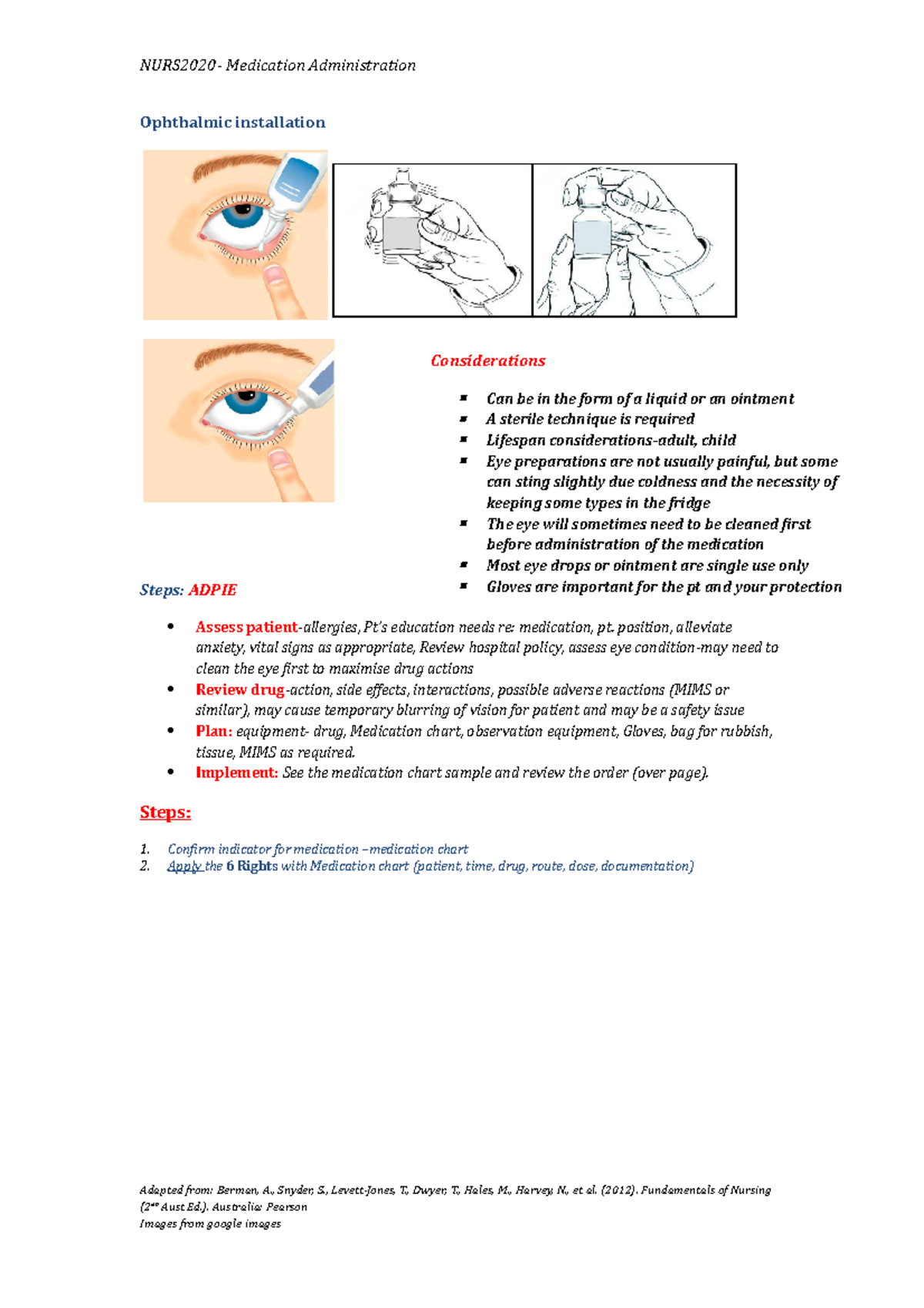 Medication Administration - Ophthalmic installation Steps: ADPIE Assess ...