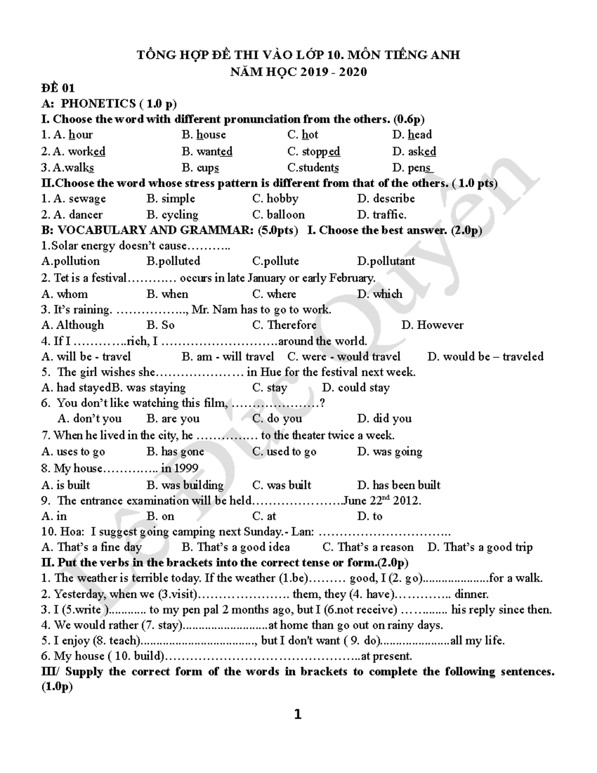 Tong hop de thi vao lop 10 mon tieng Anh nam 2019 2020 - TỔNG HỢP ĐỀ THI VÀO LỚP 10. MÔN TIẾNG ...