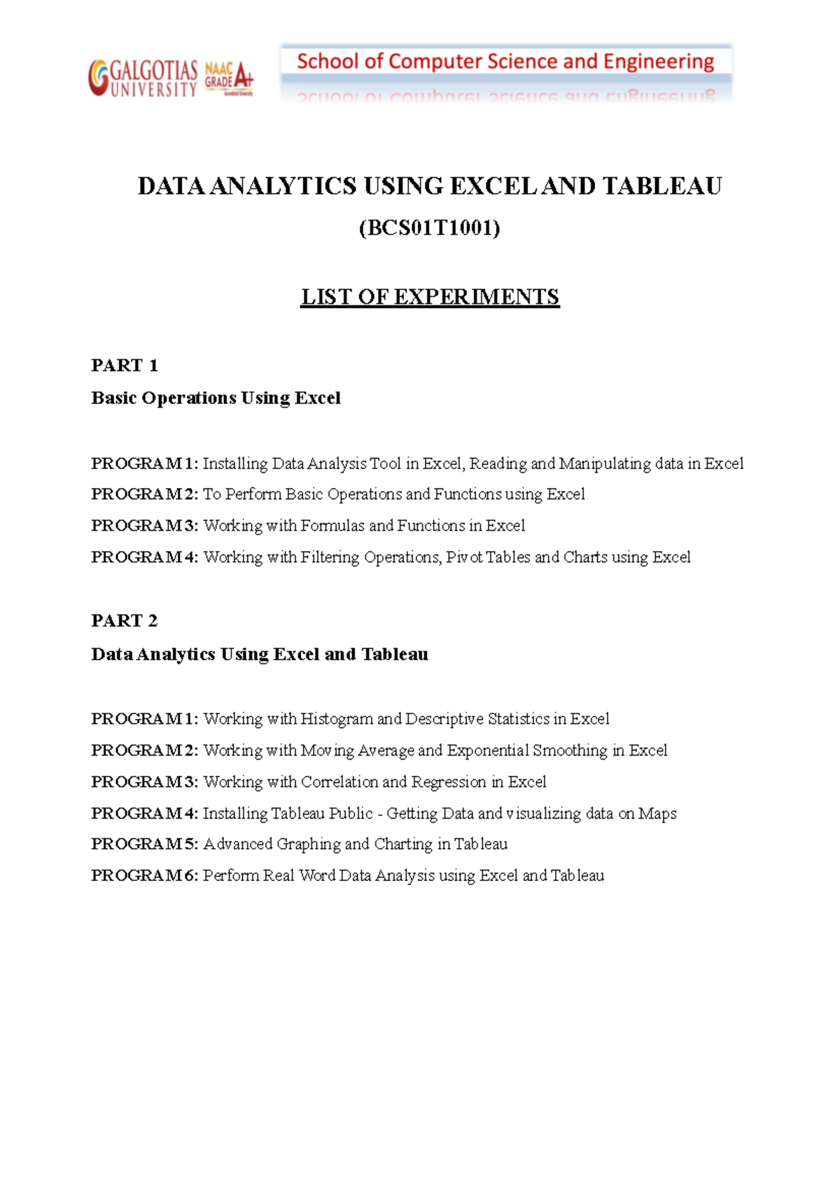 DAET List of Practicals - DATA ANALYTICS USING EXCEL AND TABLEAU (BCS01T1001) LIST OF ...