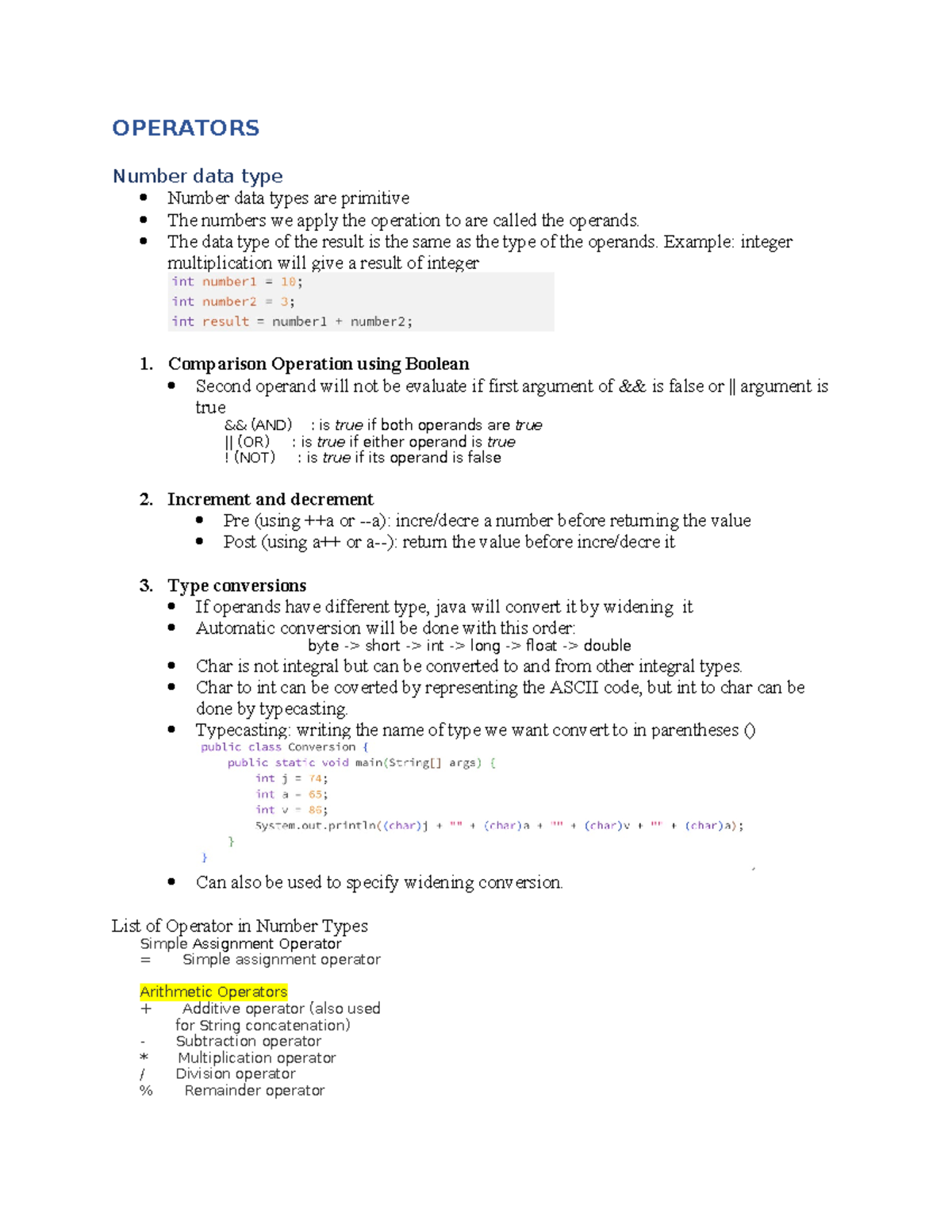 Notes - OPERATORS Number data type Number data types are primitive The ...