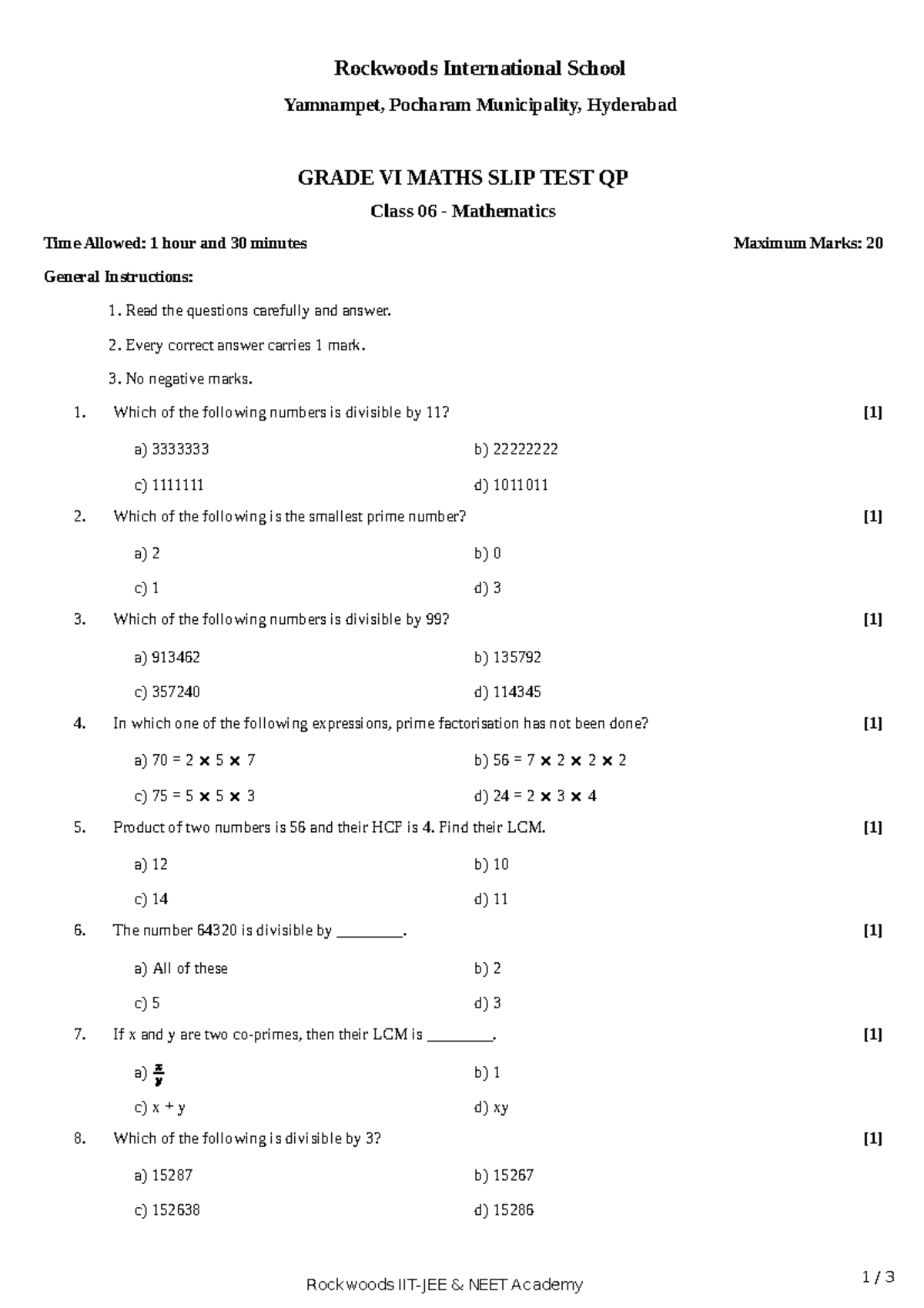 Grade VI Mathematics SLIP TEST SEP - Rockwoods IIT- JEE & NEET Academy ...