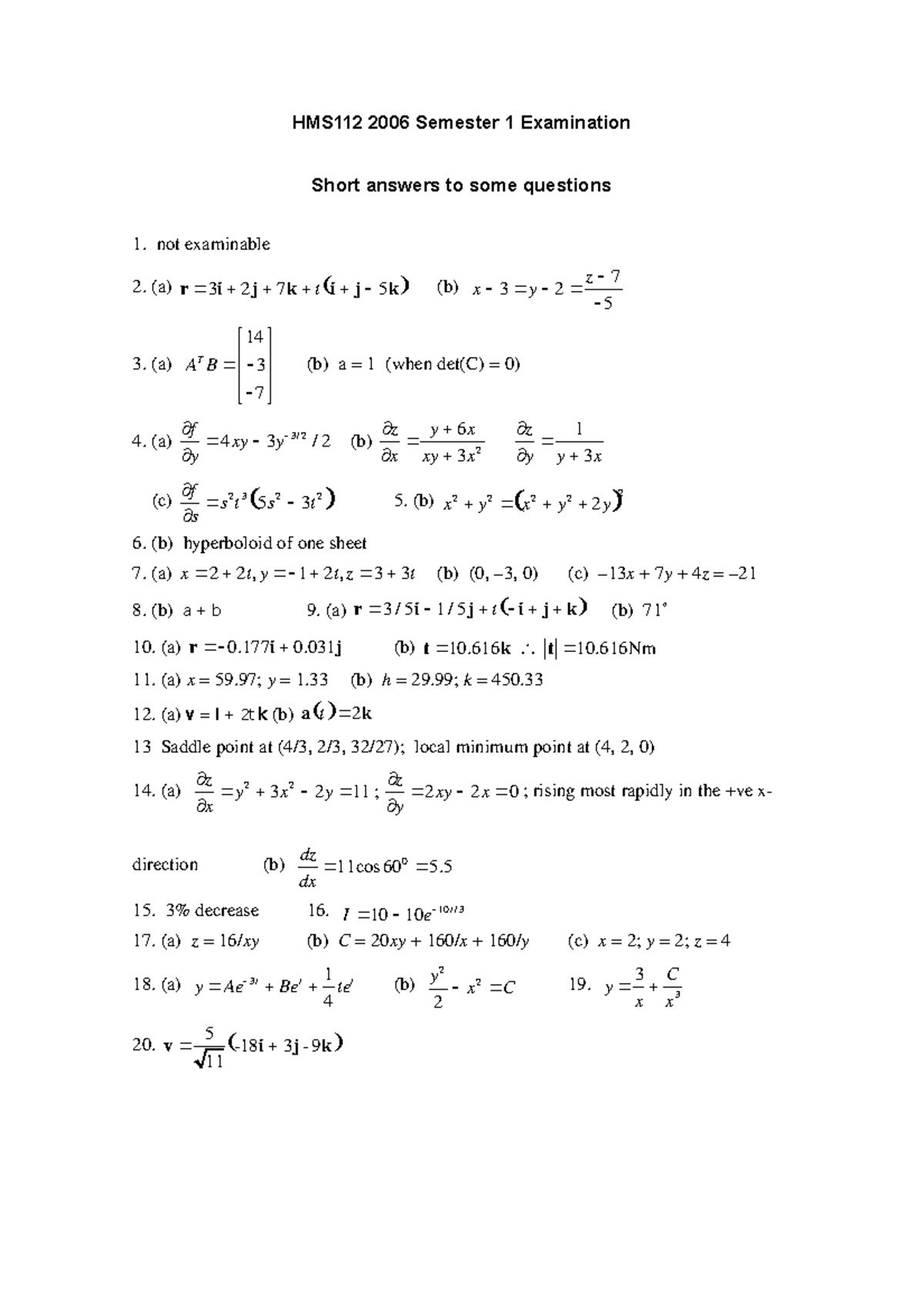 Exam 2006 Semester 1 answers - HMS112 2006 Semester 1 Examination Short answers to some ...