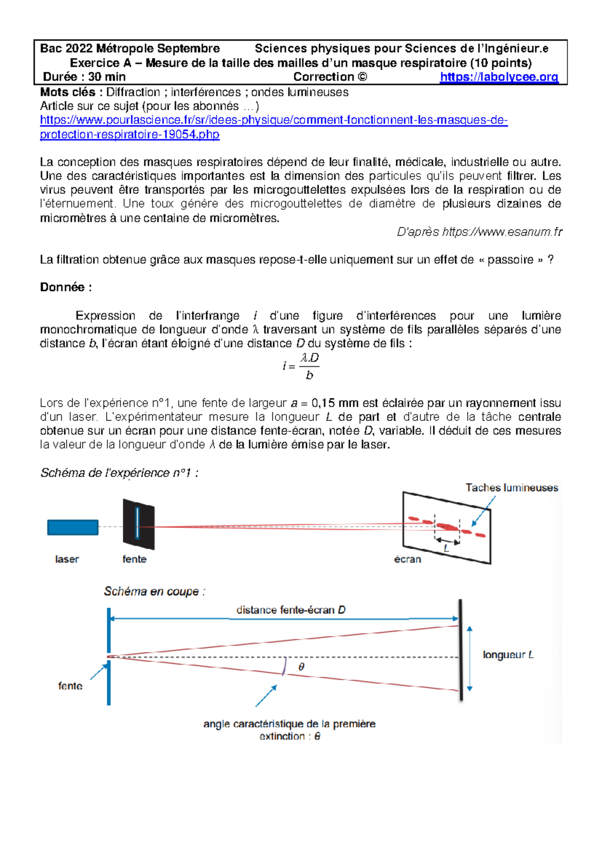 2022-09-SI-Metro-J2-Exo A-Correction-Diffraction Masque-10pts 0 - Bac 2022 Métropole Septembre ...
