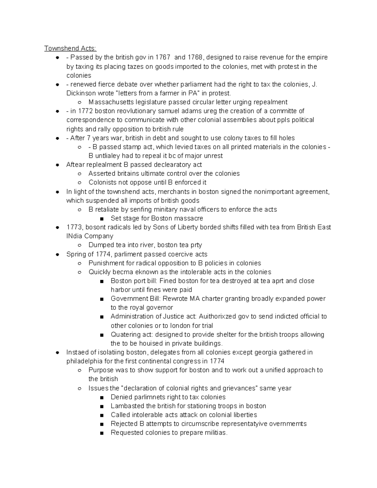 Apush Notes Midterm - Résumé histoire geopo - Townshend Acts: - Passed ...