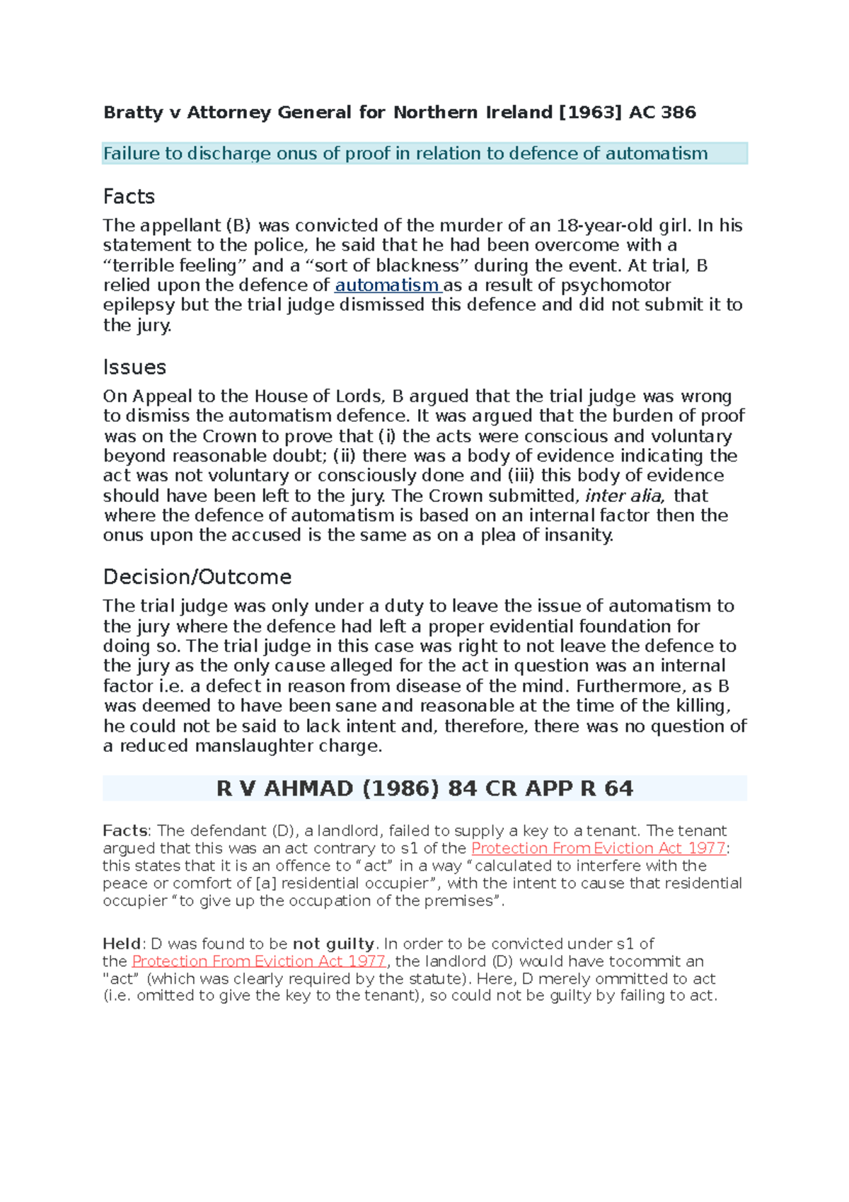 Cases - Bratty v Attorney General for Northern Ireland [1963] AC 386 Failure to discharge onus ...