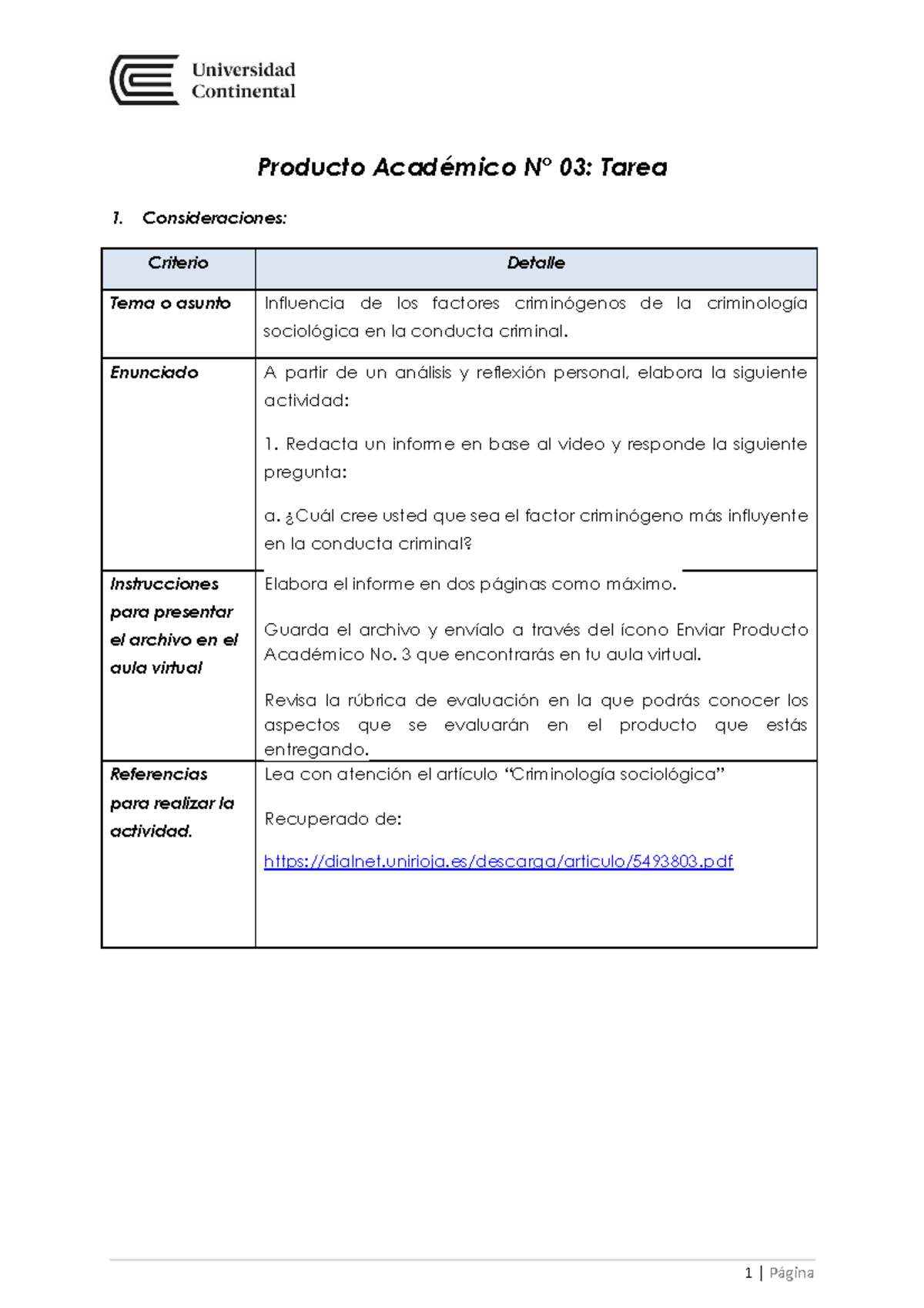 PA3 Tarea desarrollo - Producto Académico N° 03: Tarea 1. Consideraciones: Criterio Detalle Tema ...