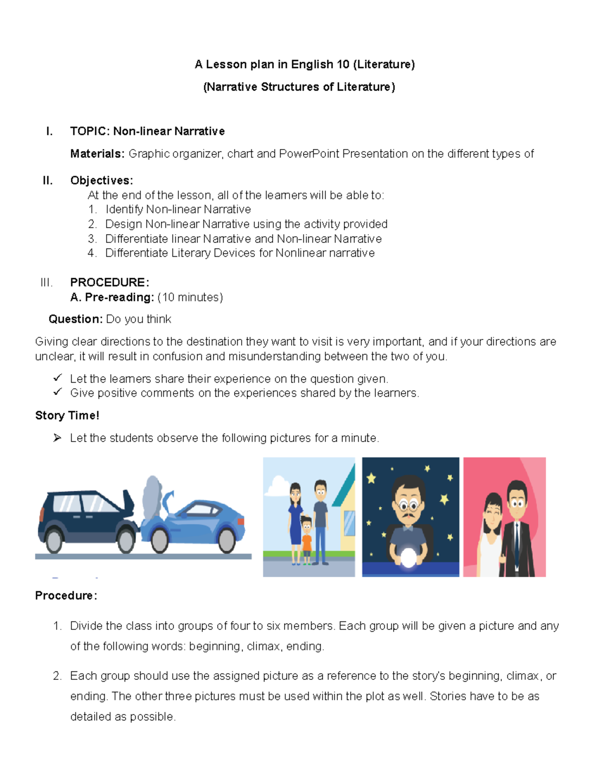 A Lesson plan in English 10 - TOPIC: Non-linear Narrative Materials ...