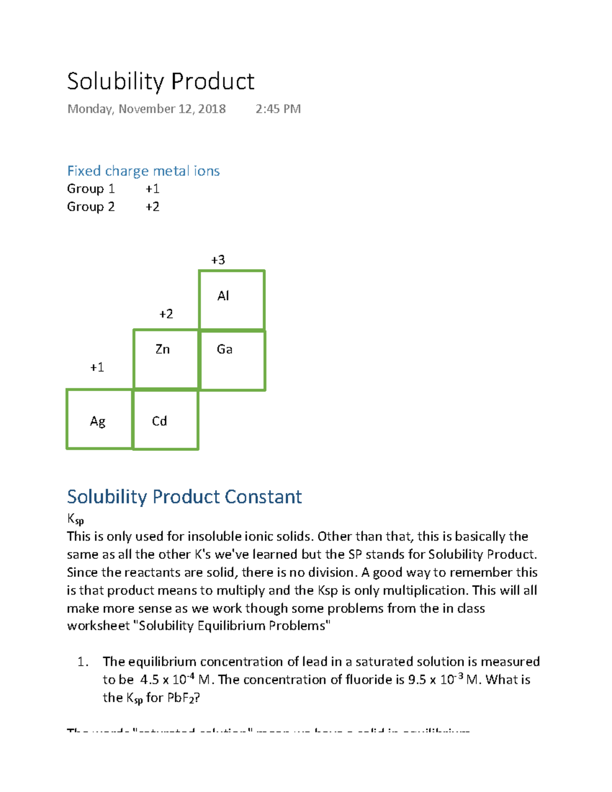 Solubility Product - Lecture notes 13 - Solubility Product Monday ...