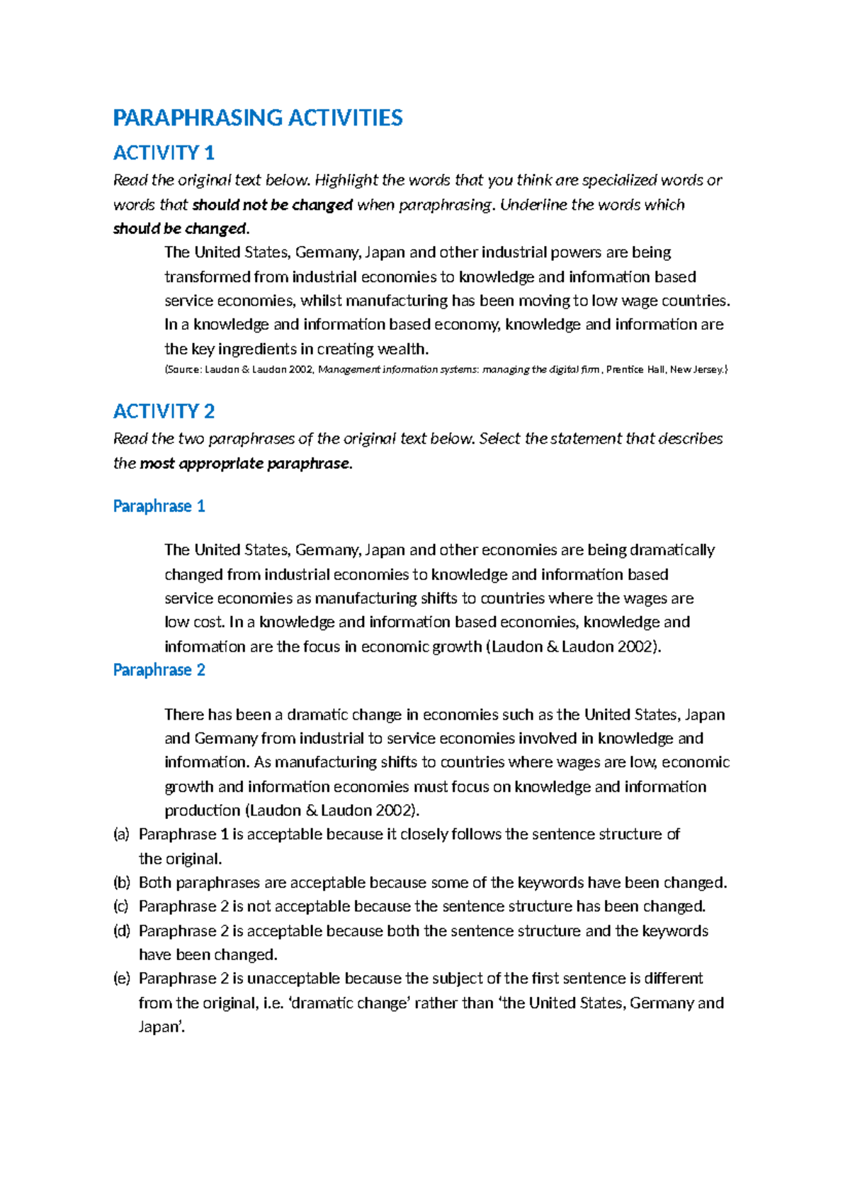 Paraphrasing Activities Catatan - PARAPHRASING ACTIVITIES ACTIVITY 1 ...