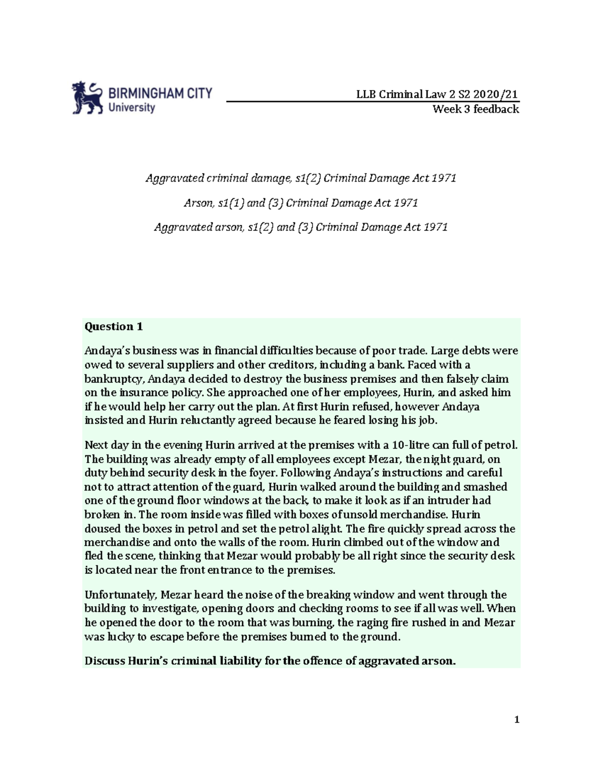 Aggravated arson - Week 3 feedback Aggravated criminal damage, s1(2 ...