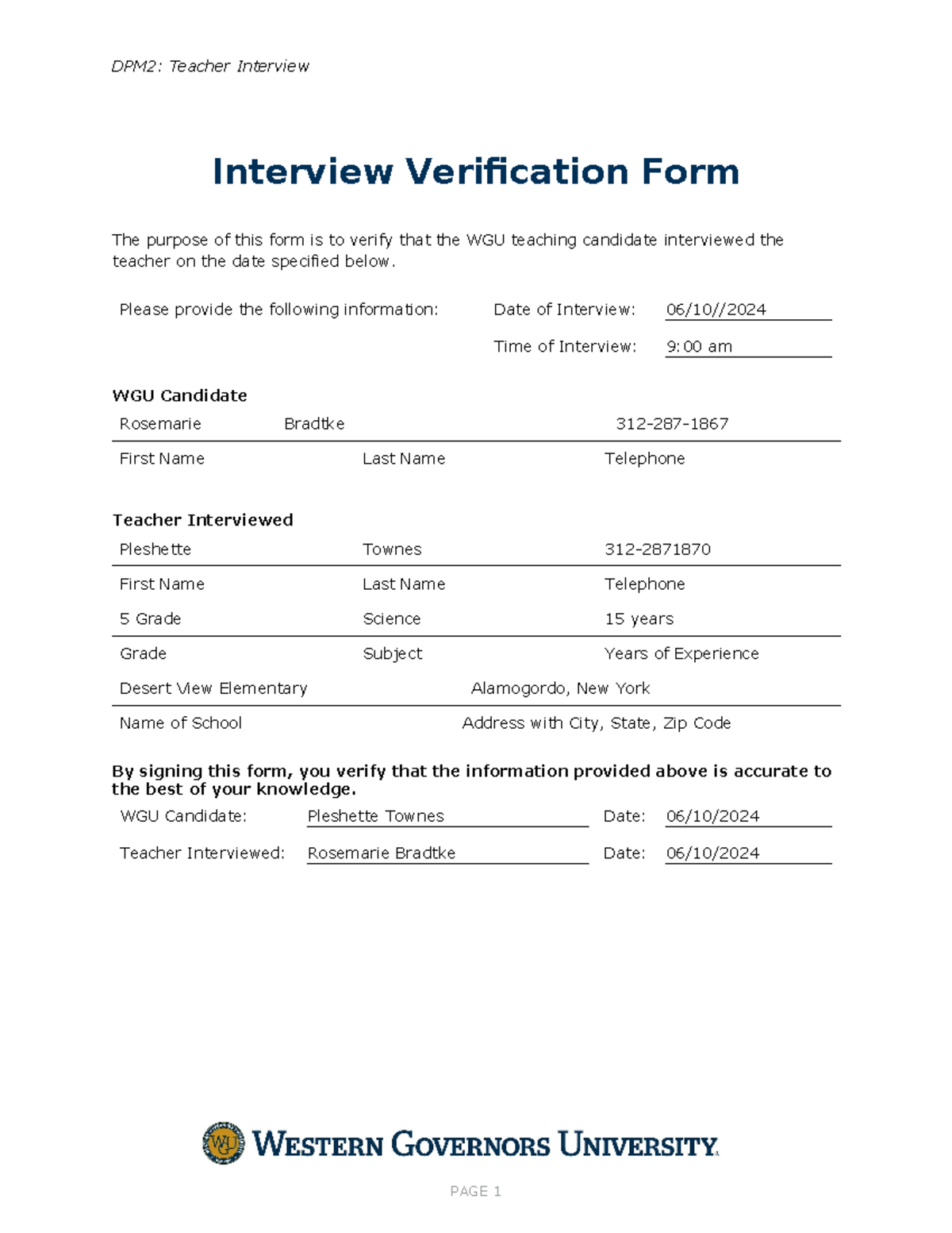P Townes Interview Verification Form 4 - DPM2: Teacher Interview ...