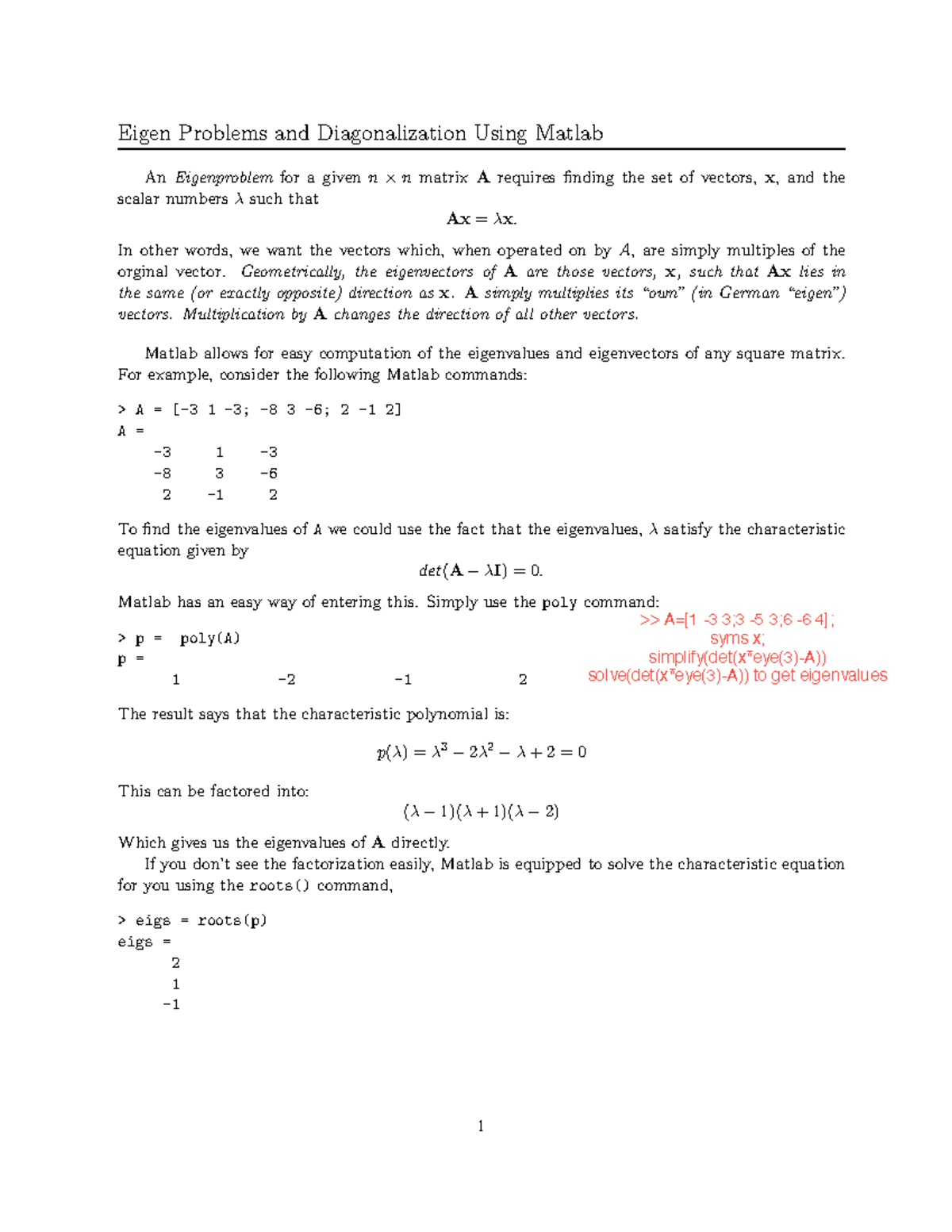 Eigen - Nil - Eigen Problems and Diagonalization Using Matlab An Eigenproblem for a given n × n ...