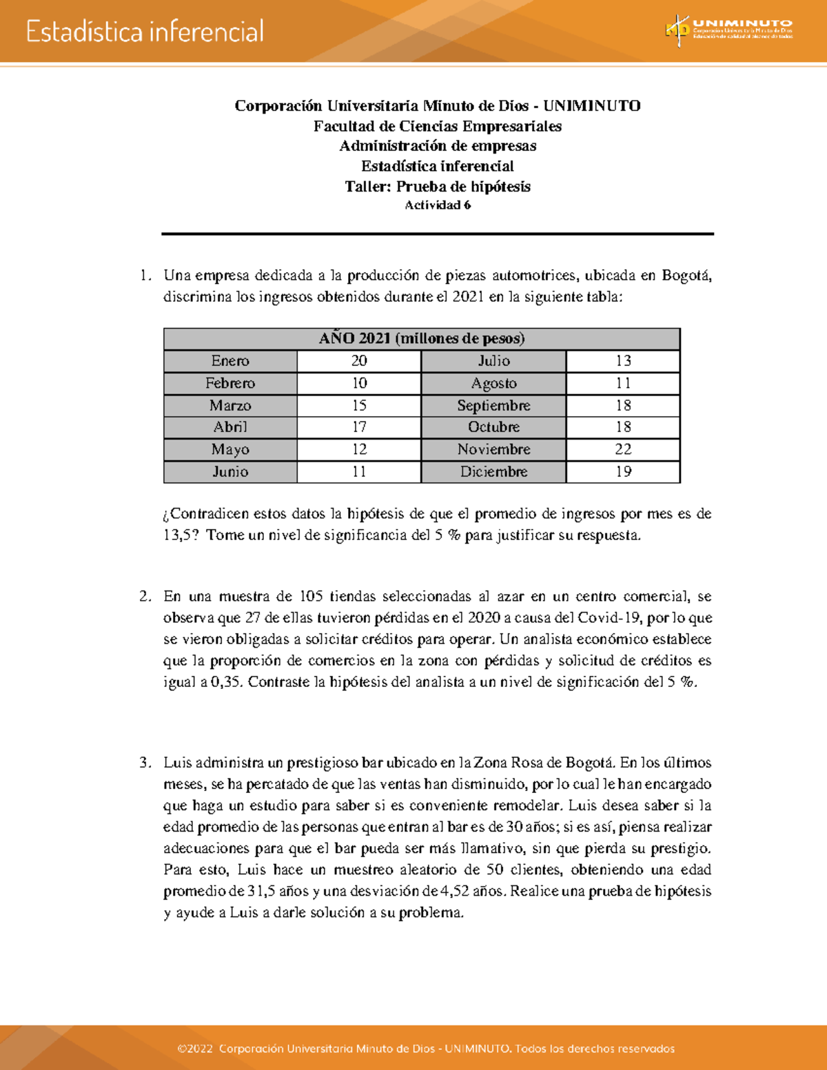 Taller DE Hipotesis - Corporación Universitaria Minuto de Dios ...
