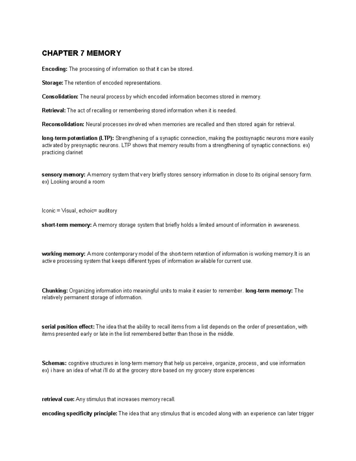 Chapter 7 Memory Notes - CHAPTER 7 MEMORY Encoding: The processing of ...
