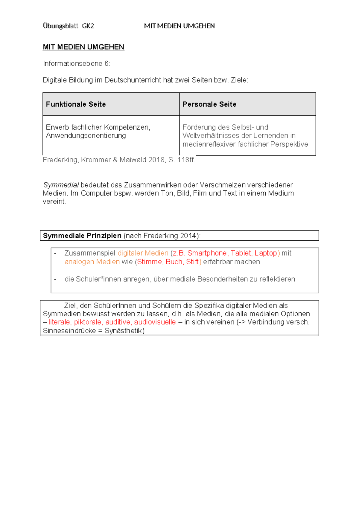 Mit Medien im Deutschunterricht umgehen - Übungsblatt GK2 MIT MEDIEN ...