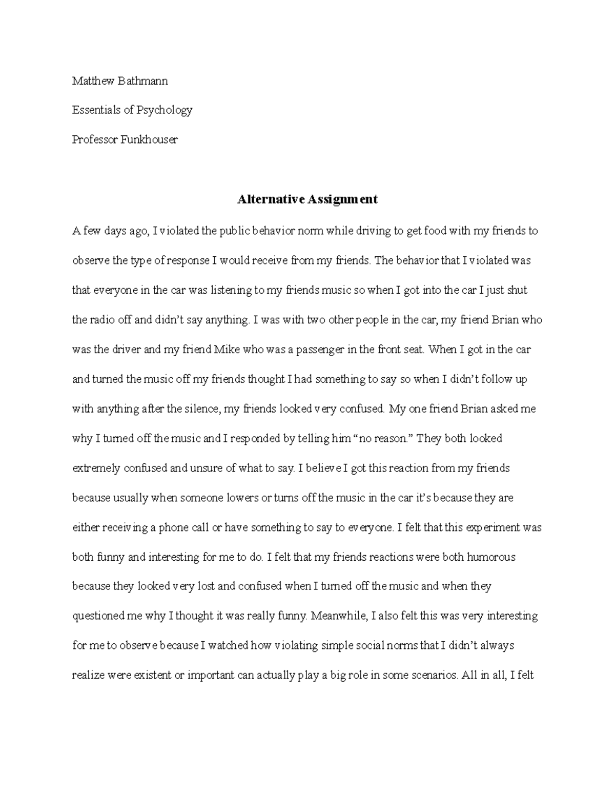 Alternative Assignment doc - Matthew Bathmann Essentials of Psychology ...