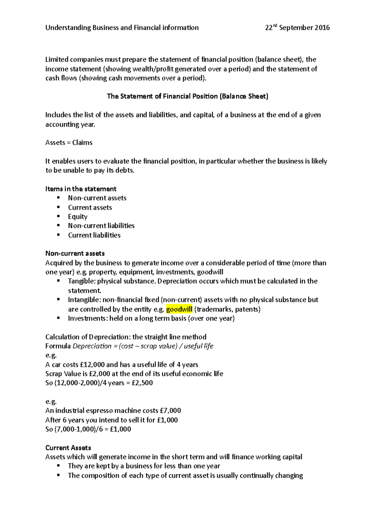 Statement of Financial Position/Balance Sheet - Understanding Business ...