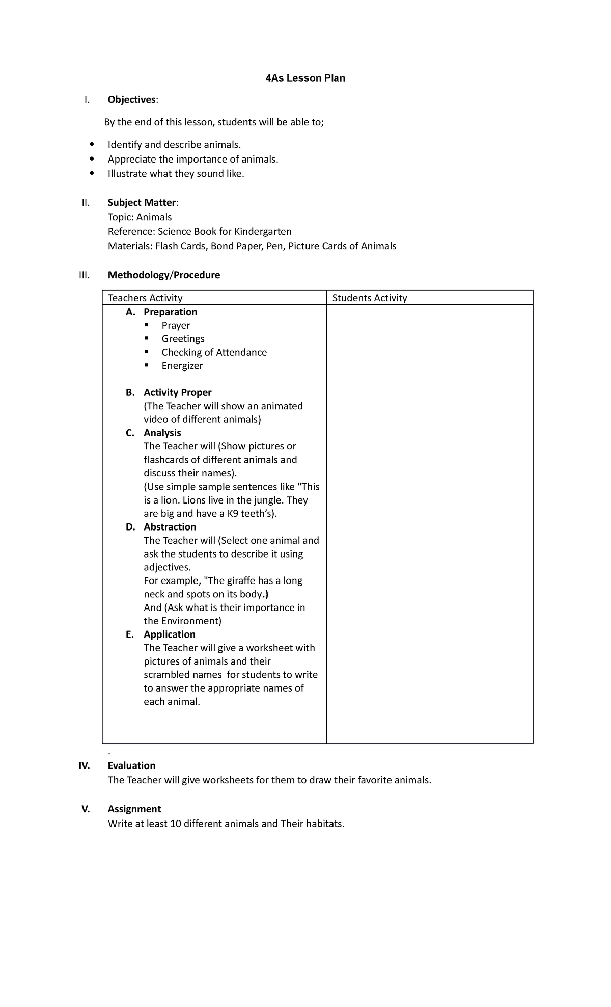 4As Lesson Plan - VERY HELPFUL - 4As Lesson Plan I. Objectives: By the ...