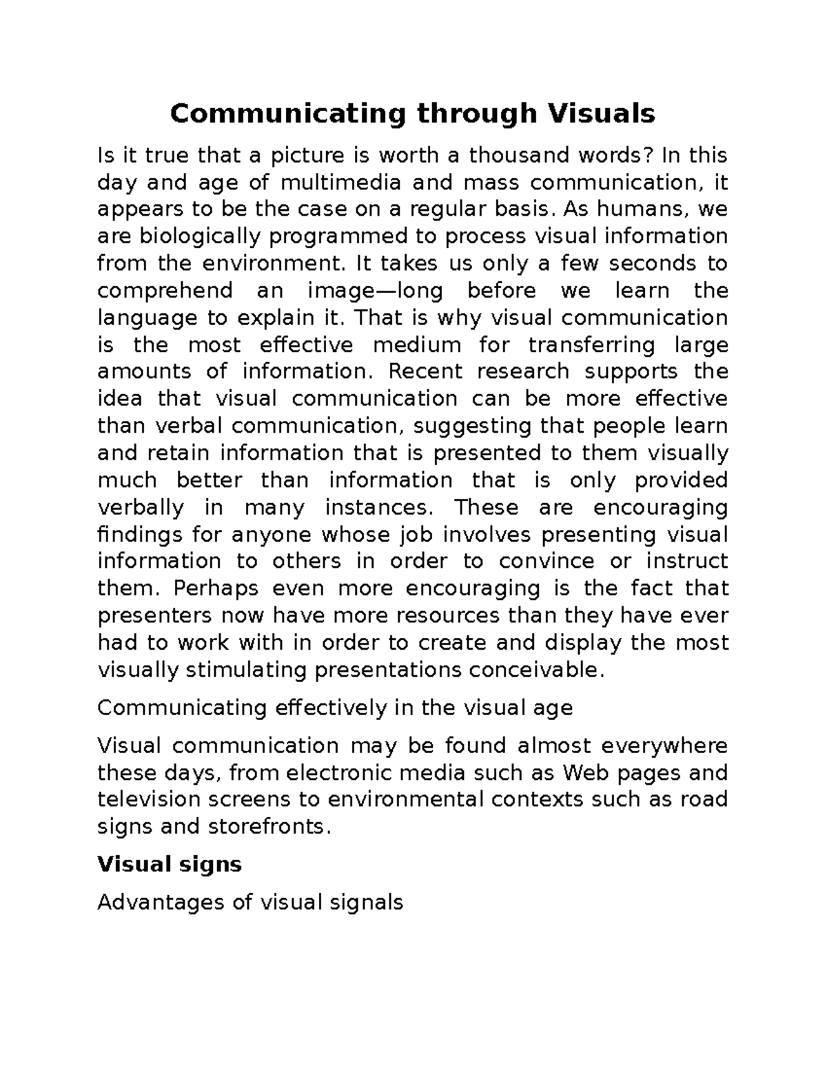 Communicating through Visuals - As humans, we are biologically ...
