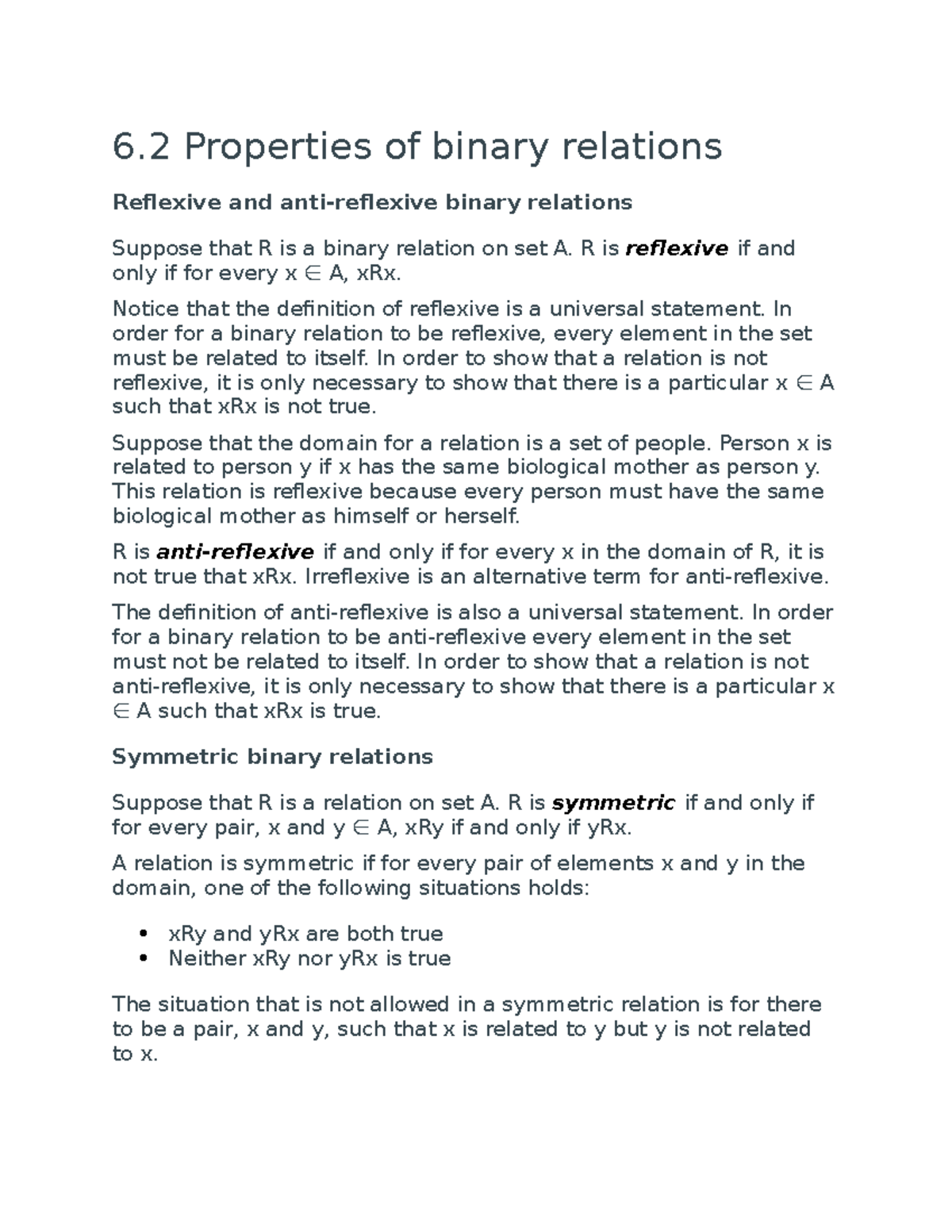 Ch6 relations and digraphs - zybooks - 6 Properties of binary relations Reflexive and anti ...
