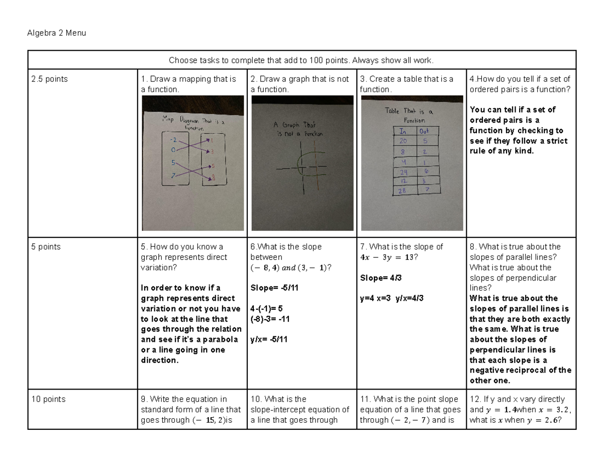 Alg2A Unit 3 Portfolio - Algebra 2 Menu Choose tasks to complete that ...
