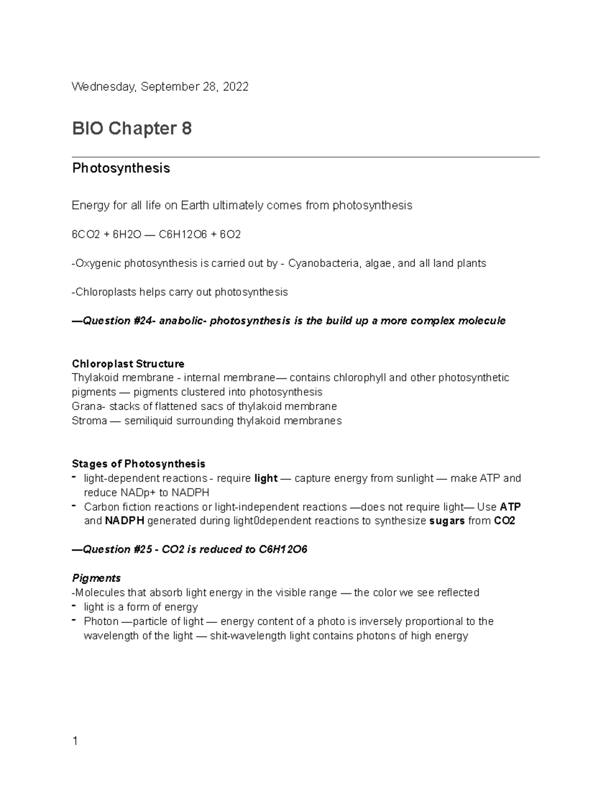 Chapter 8 notes - Photosynthesis - Wednesday, September 28, 2022 BIO ...