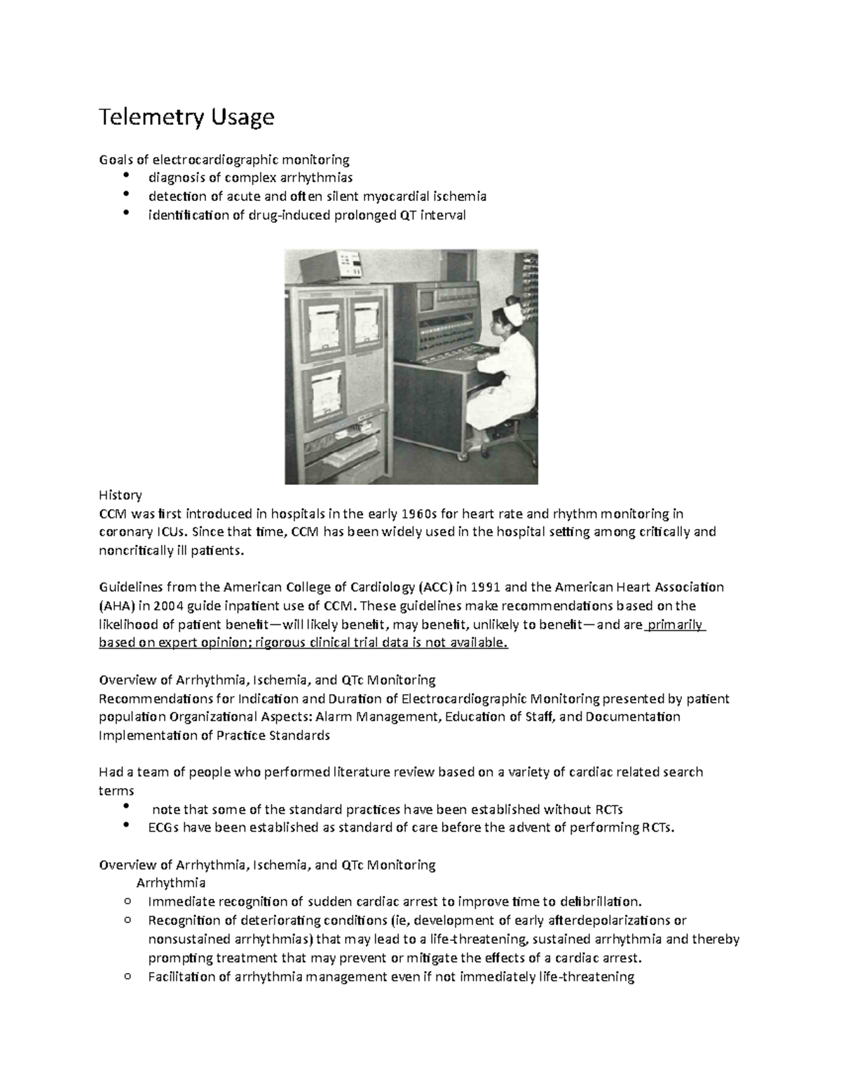 Telemetry- when to use - Telemetry Usage Goals of electrocardiographic ...