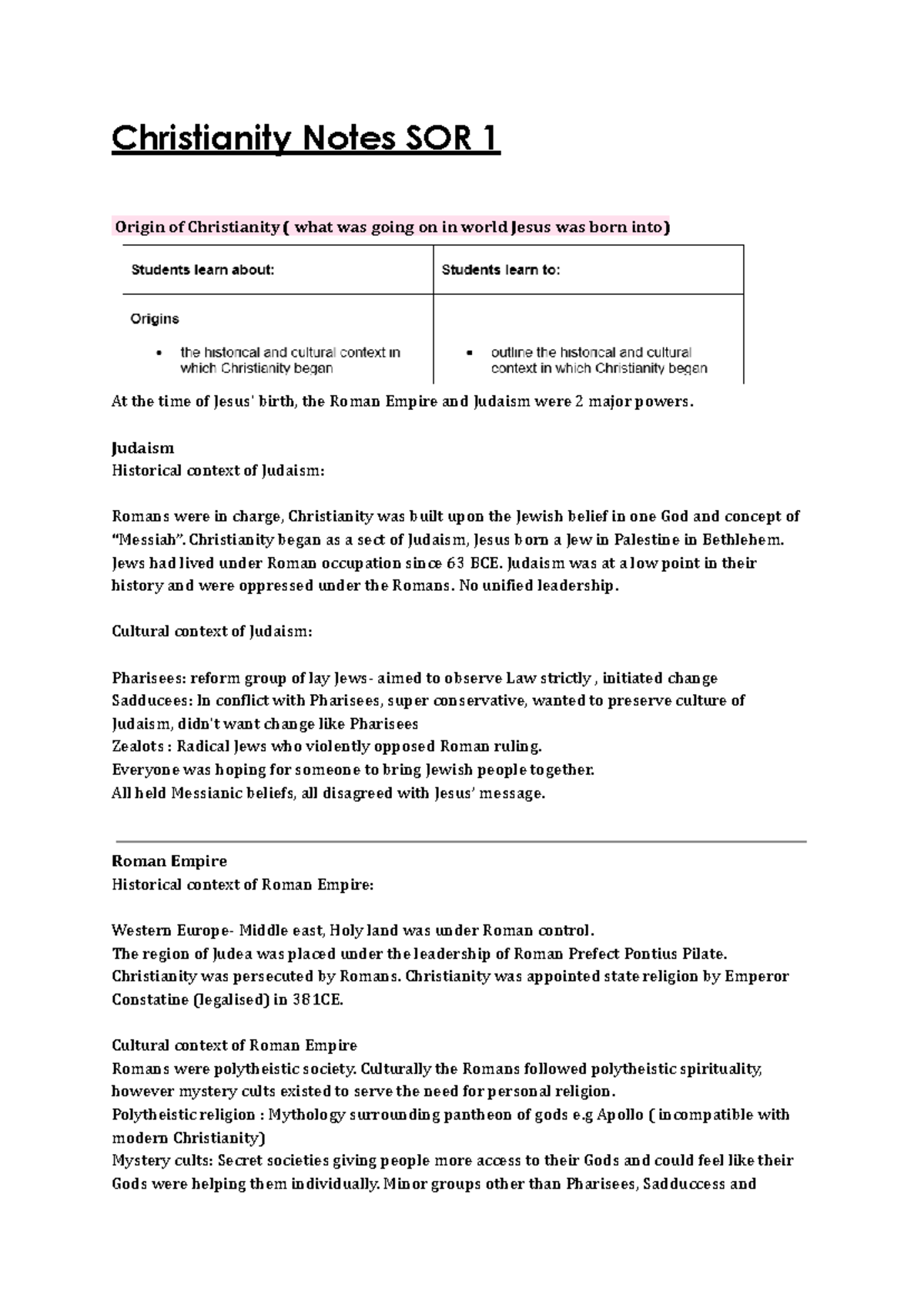 Religion Christianity overview - Christianity Notes SOR 1 Origin of ...