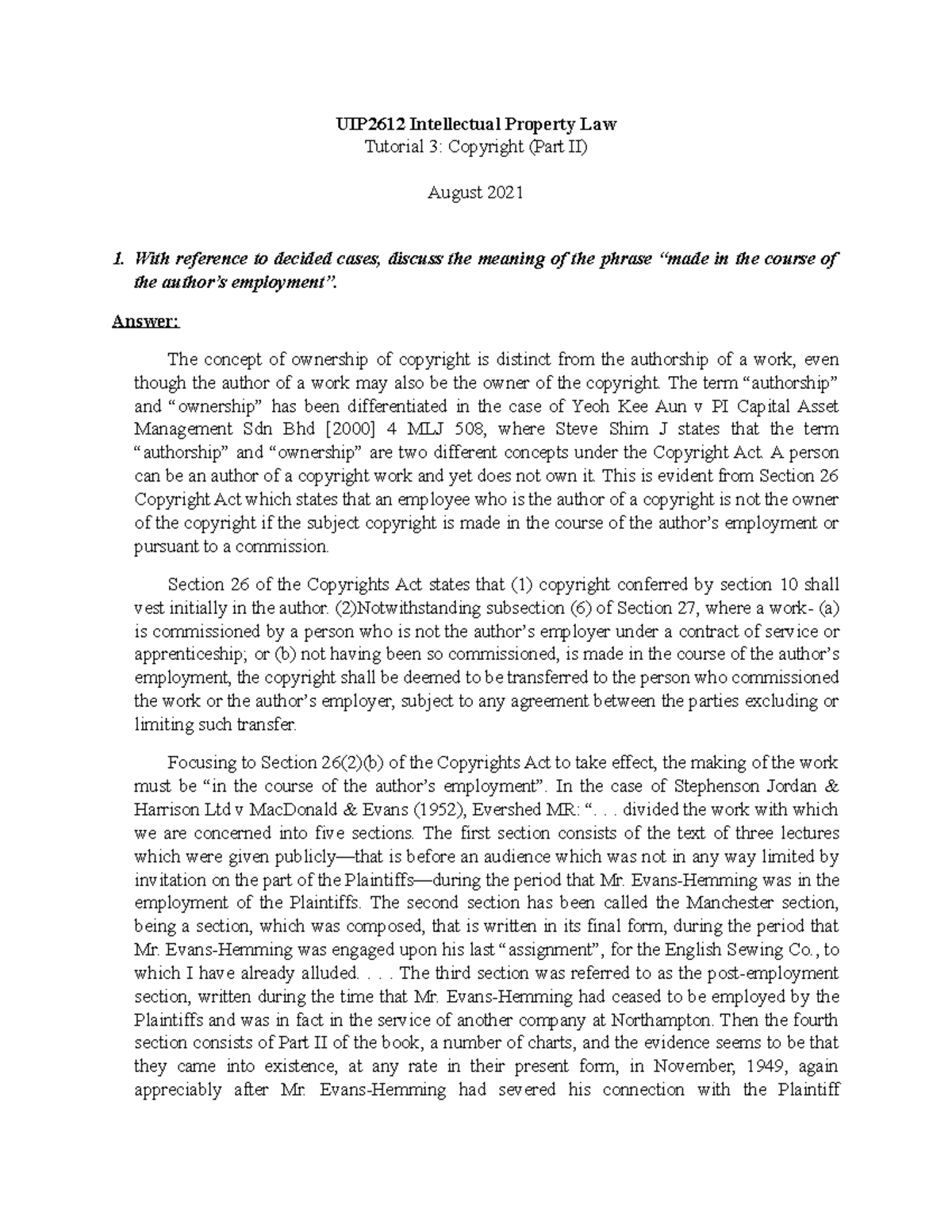 Tutorial 3 Intellectual Property Law Answer - UIP2612 Intellectual ...