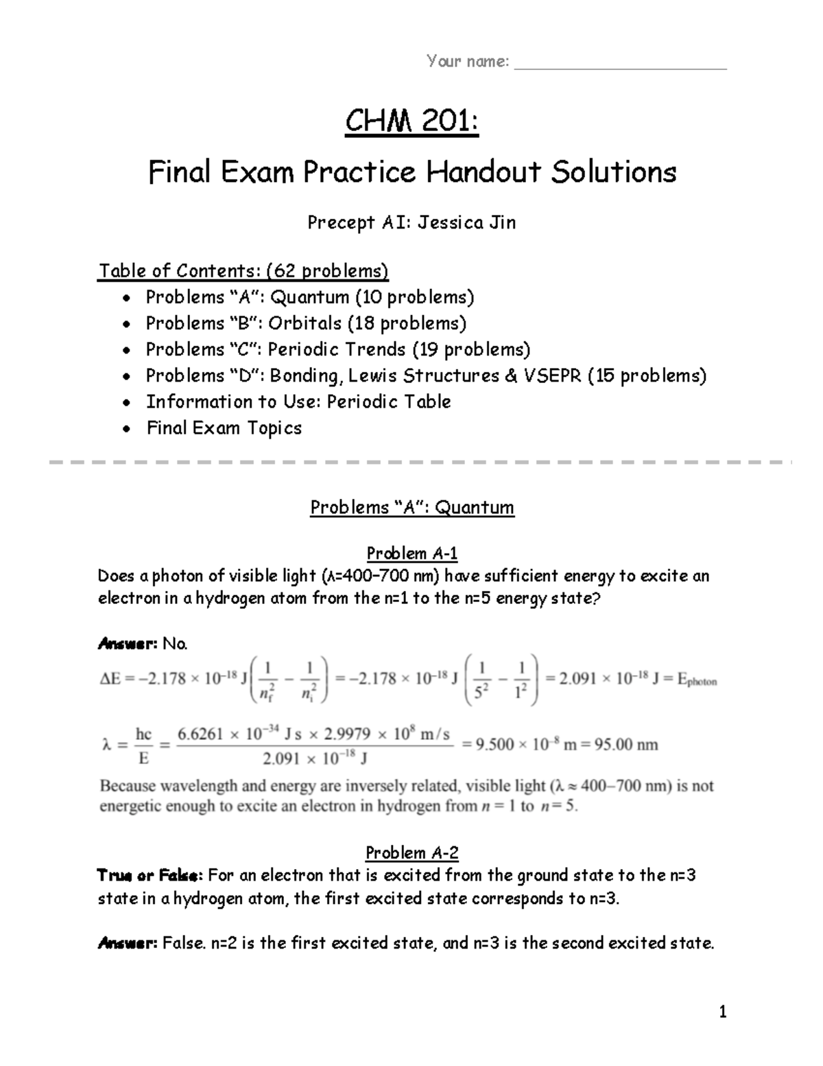 Final Practice Handout Solutions - CHM 201: Final Exam Practice Handout ...
