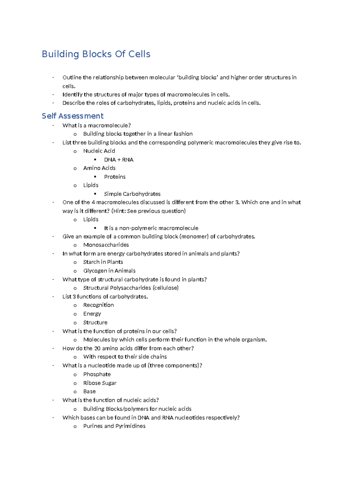Building Blocks of Cells - Identify the structures of major types of ...