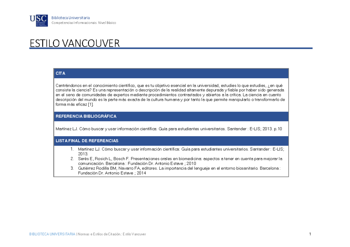 Estilo Vancouver - Competencias Informacionais. Nivel Básico ESTILO ...