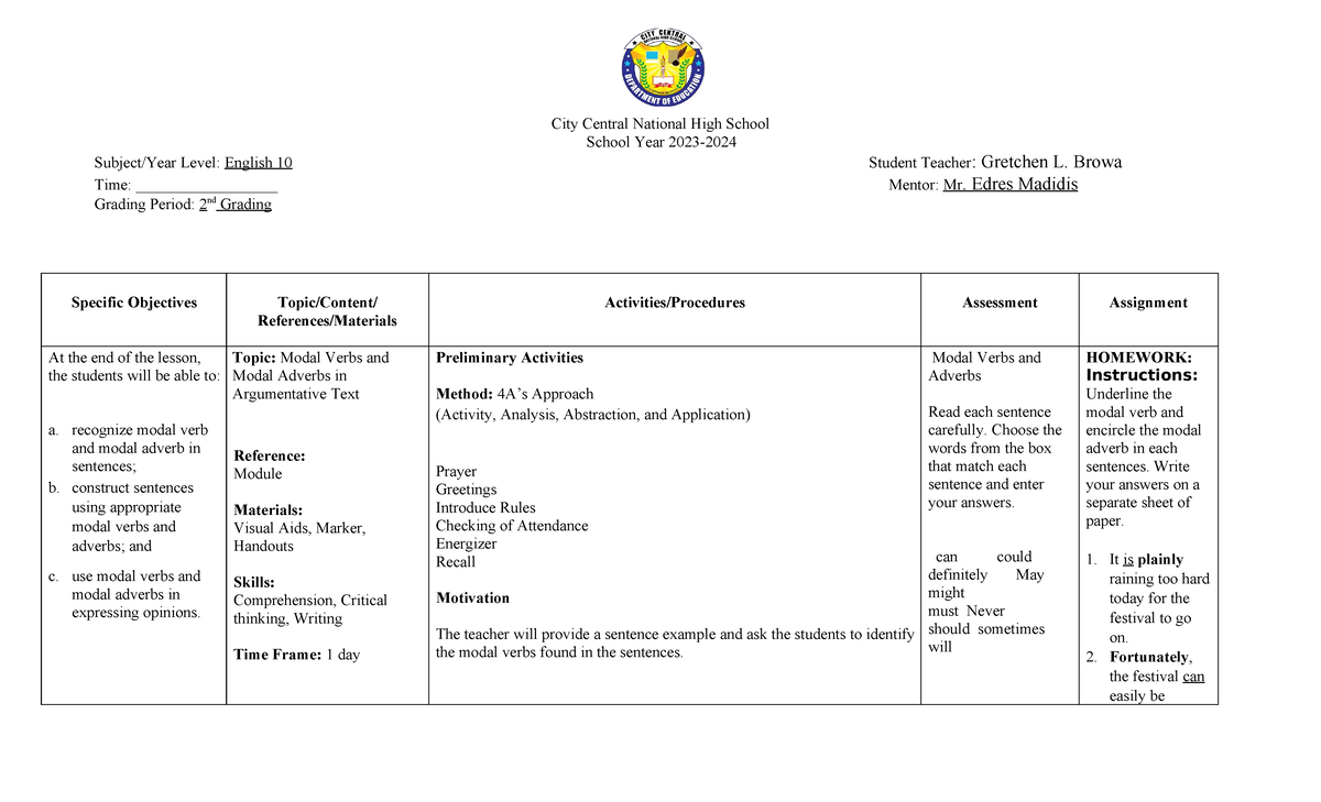Module-2-LP copy - lesson plan - City Central National High School ...