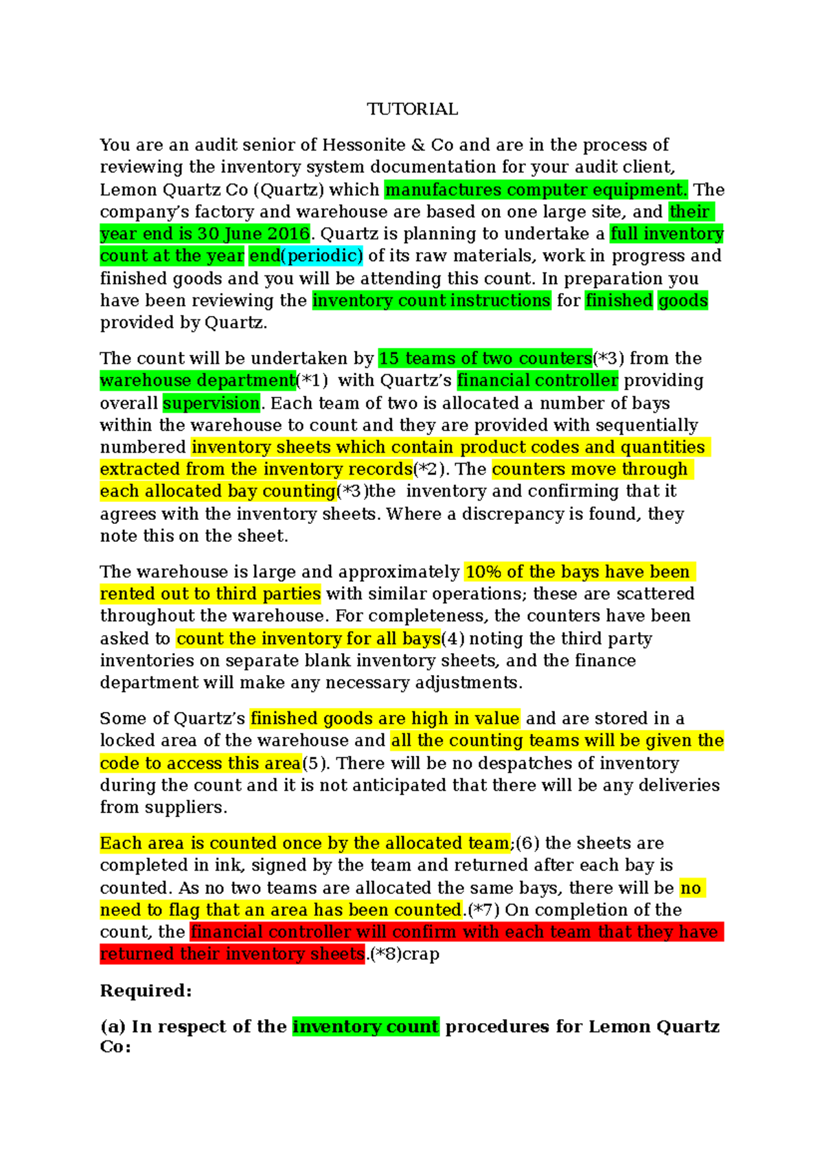 T19d Lemon Quartz Q - Notes - TUTORIAL You are an audit senior of ...