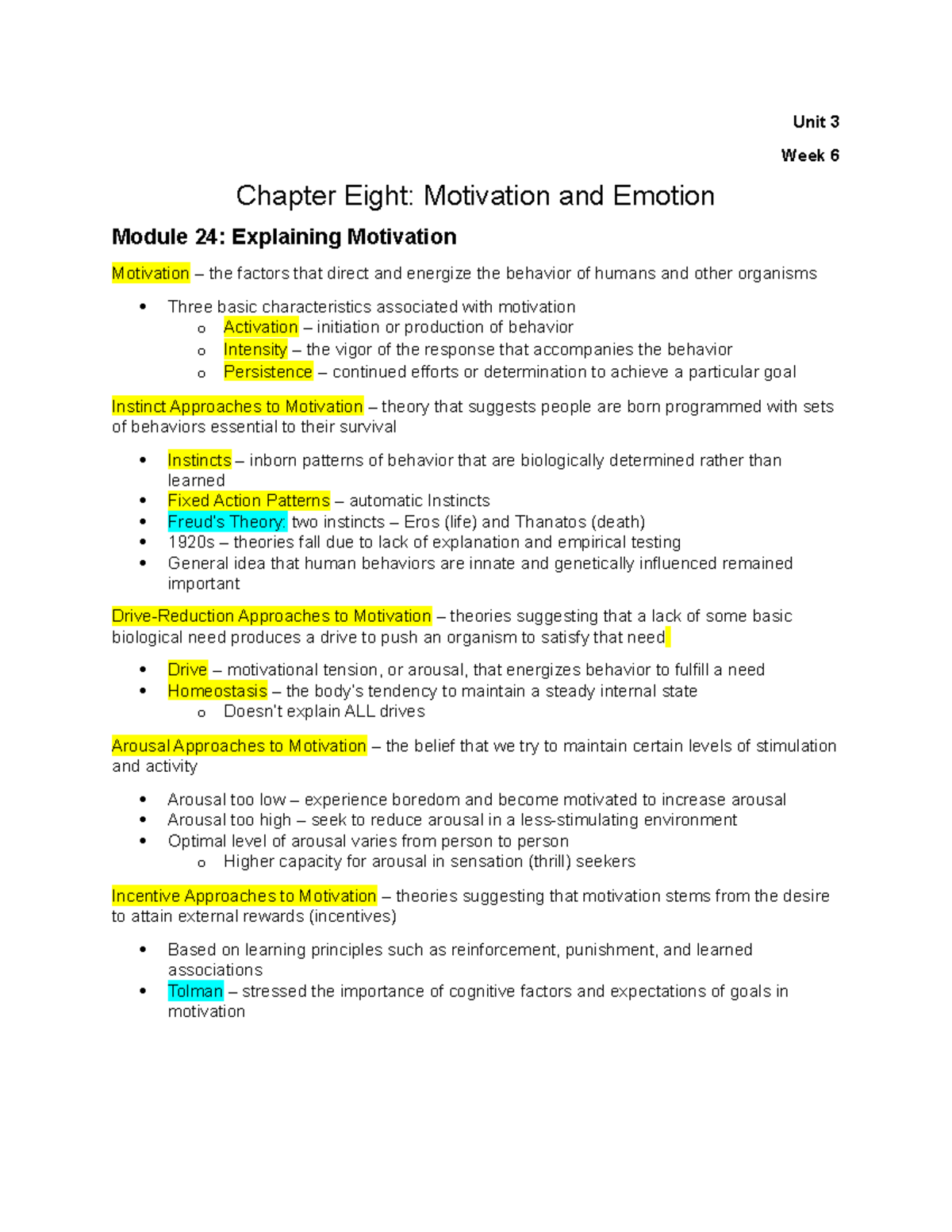 Chapter 8 Notes - Motivation and Emotion - Unit 3 Week 6 Chapter Eight ...
