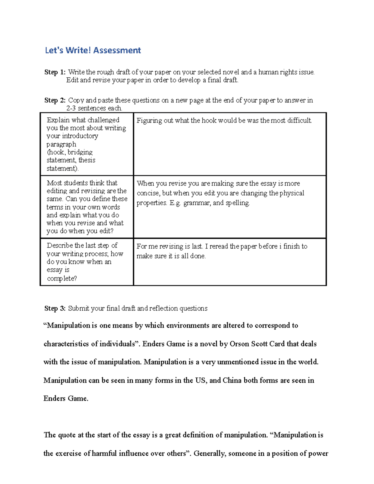 Copy of 3.08 Let's Write Assessment - Let's Write! Assessment Step 1 ...