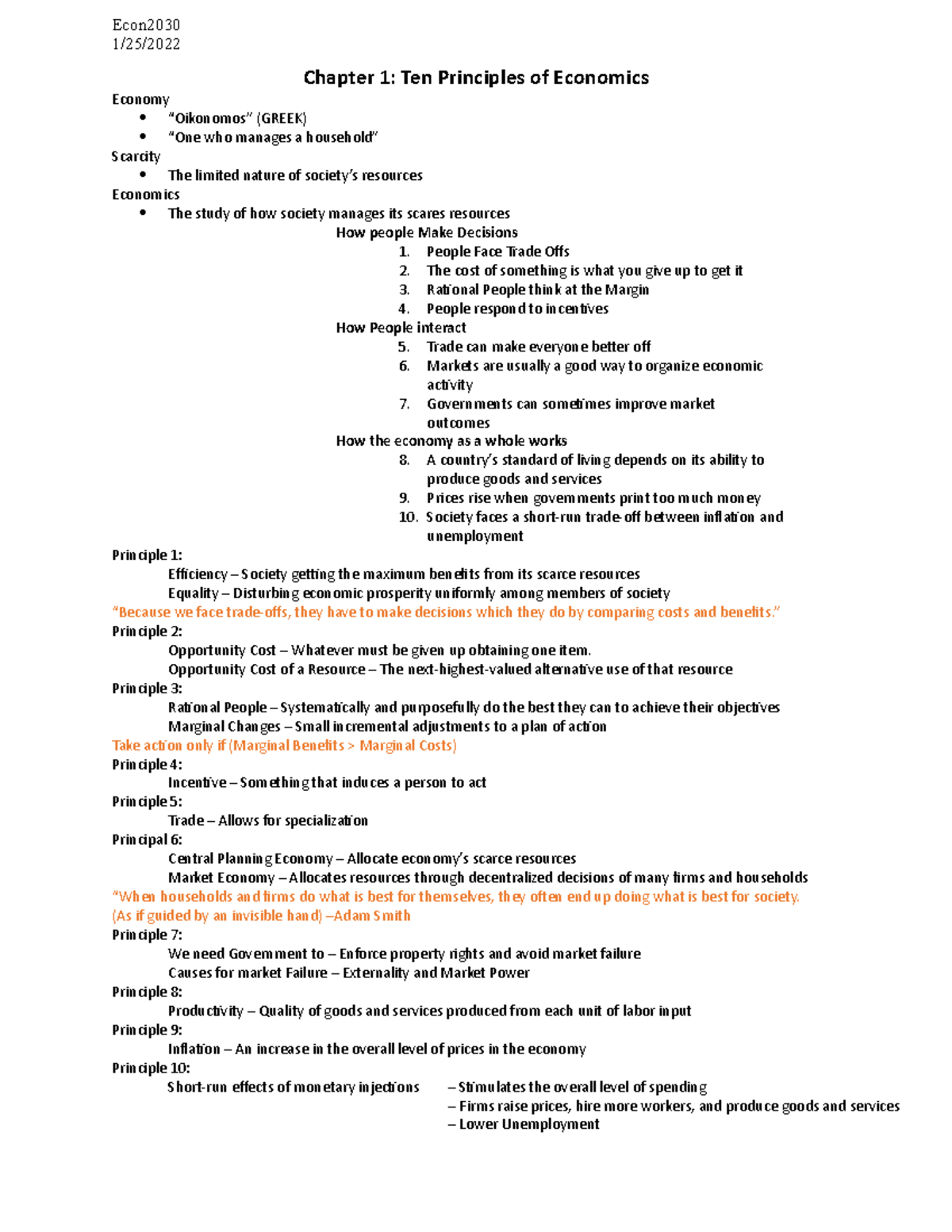 ECON2030 Chapter 1 & Chapter 2 Lecture Notes - Econ 1/25/ Chapter 1 ...