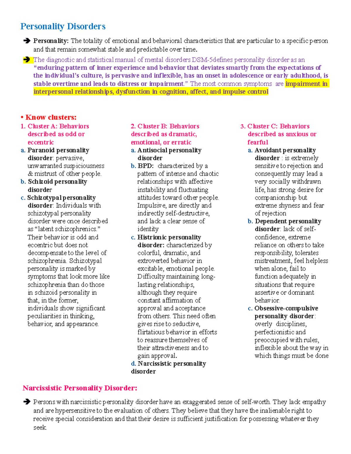 Personality Disorders note - Personality Disorders Personality: The ...