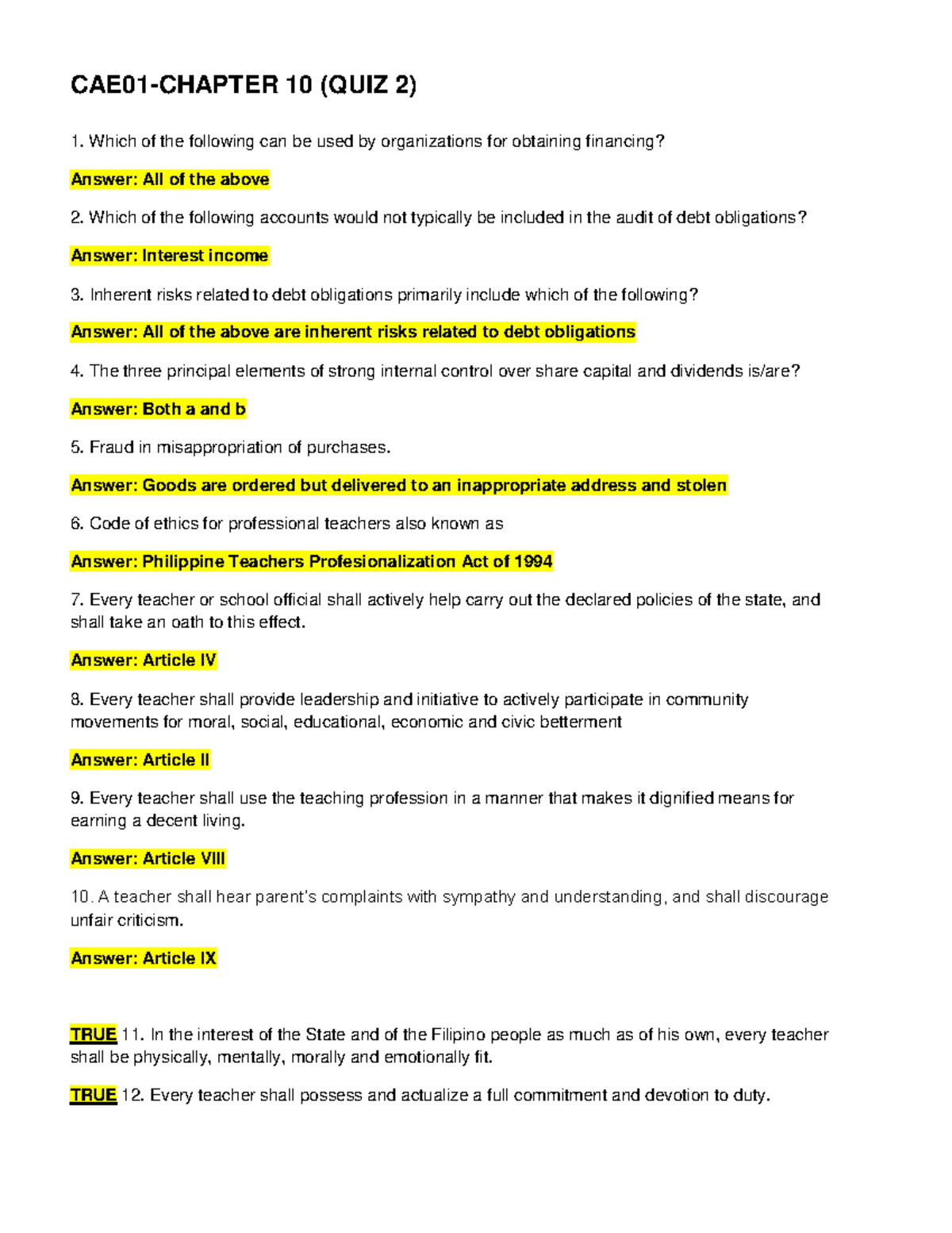 CAE01 Chapter 10 QUIZ 2 - QUESTION AND ANSWER ABOUT OBTAINING FINANCING ...