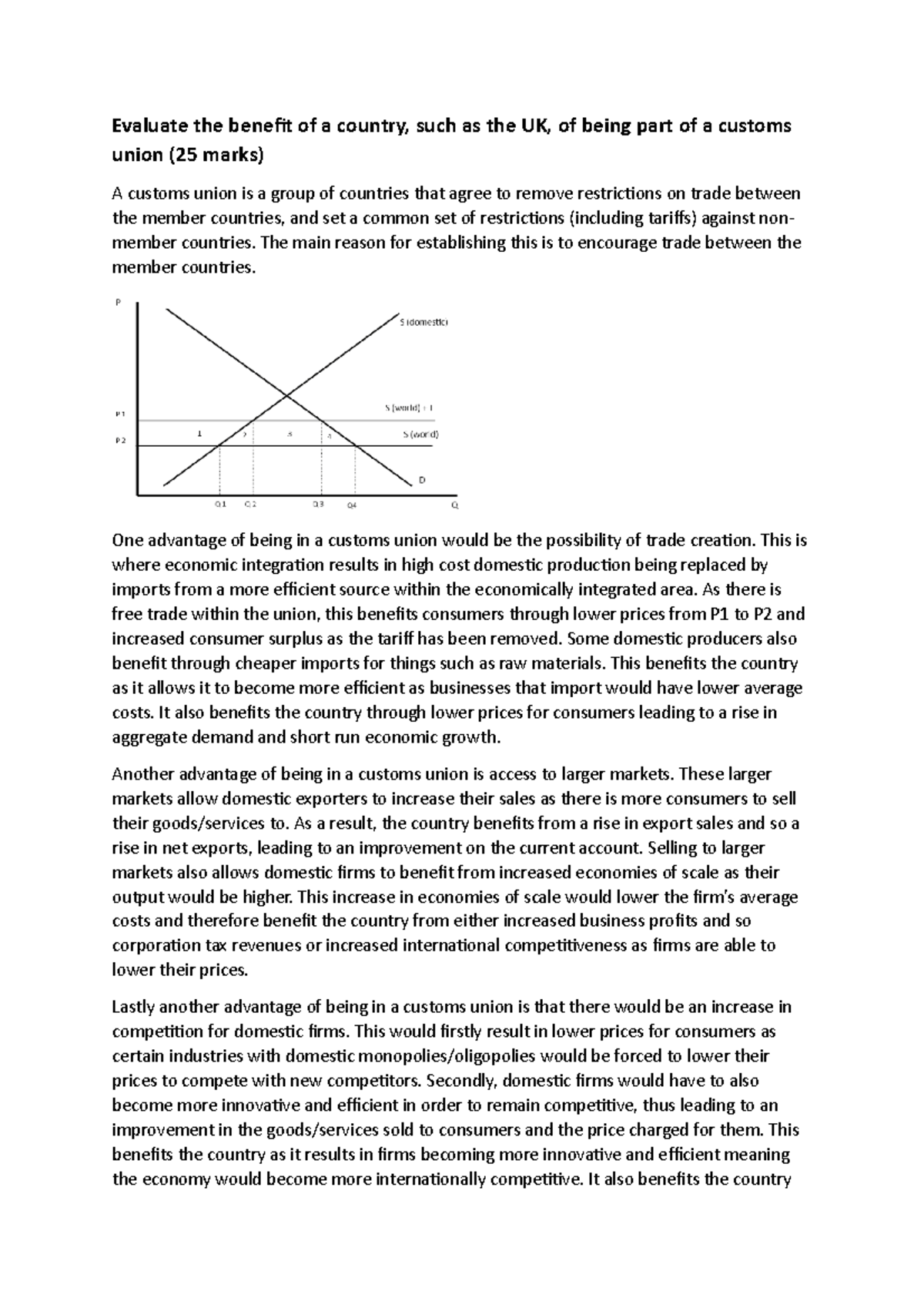 Custom Union essay - Grade: A - Evaluate the benefit of a country, such ...