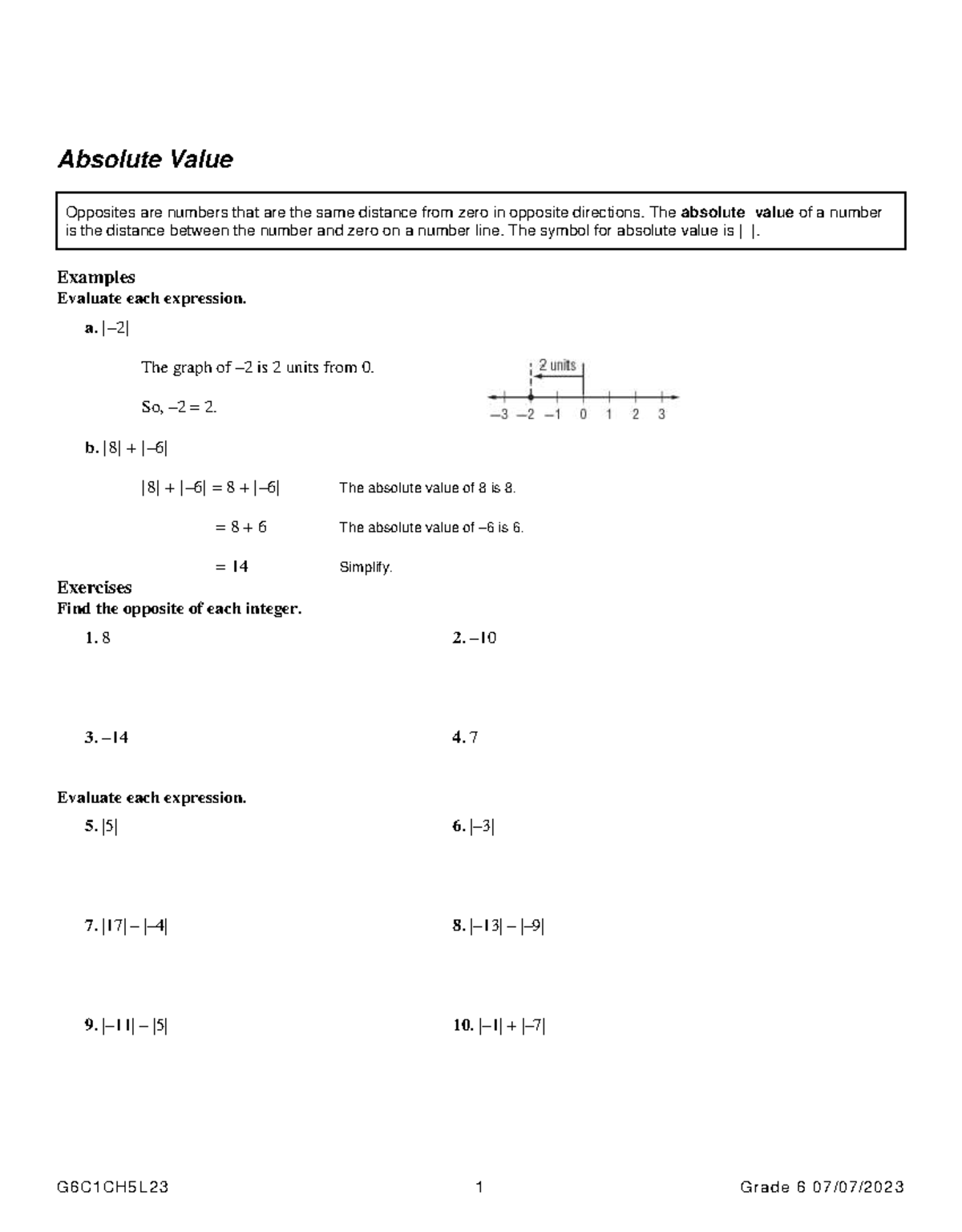 Document (13) - answers - Absolute Value Opposites are numbers that are ...