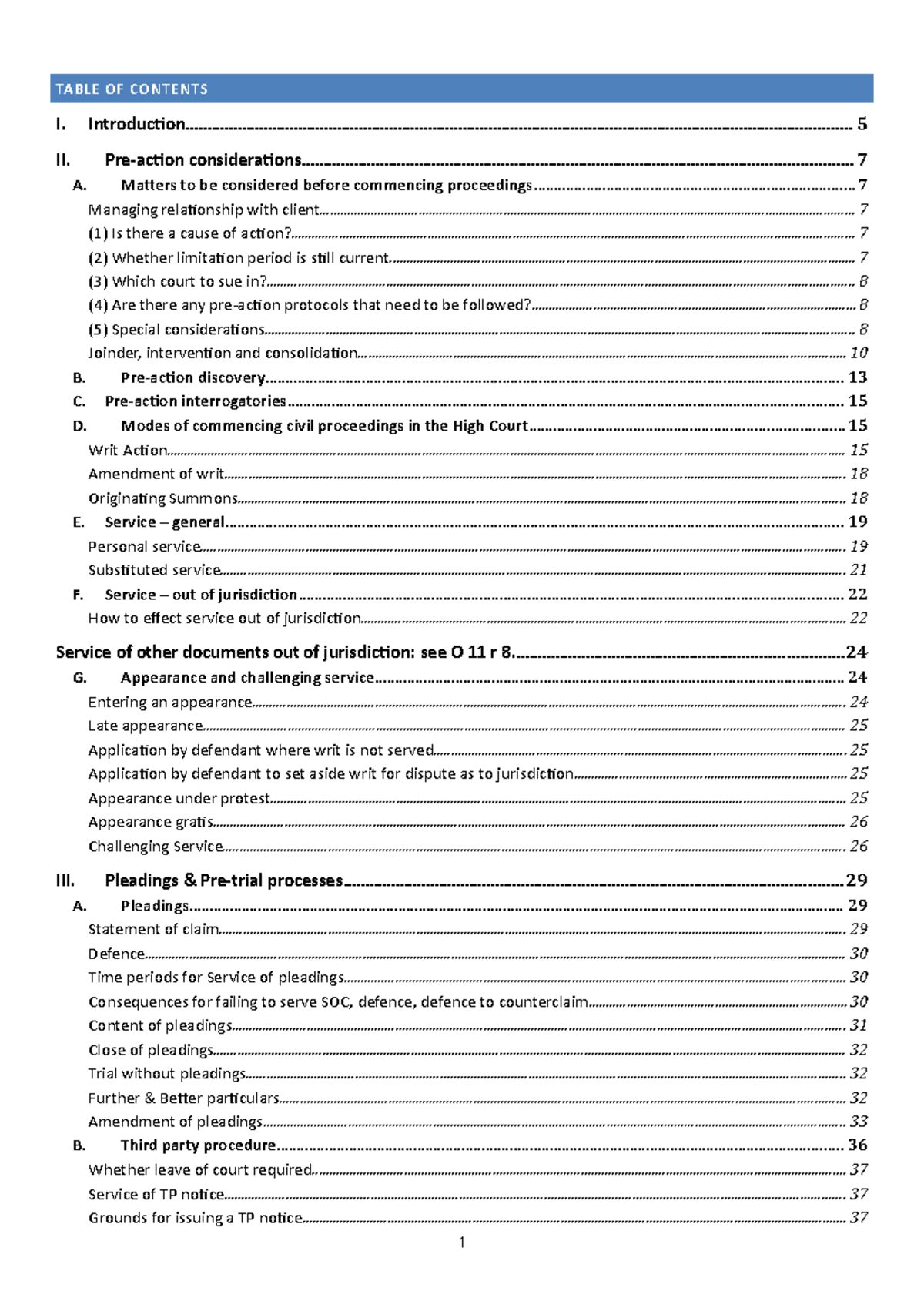 CIV- compiled - Part B notes on civil litigation - TABLE OF CONTENTS I ...