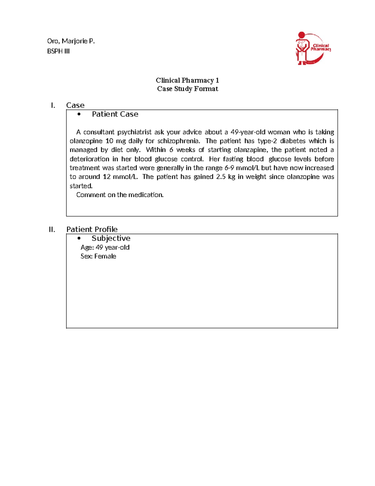 Clinical Pharmacy 1 case study - Clinical Pharmacy 1 Case Study Format ...