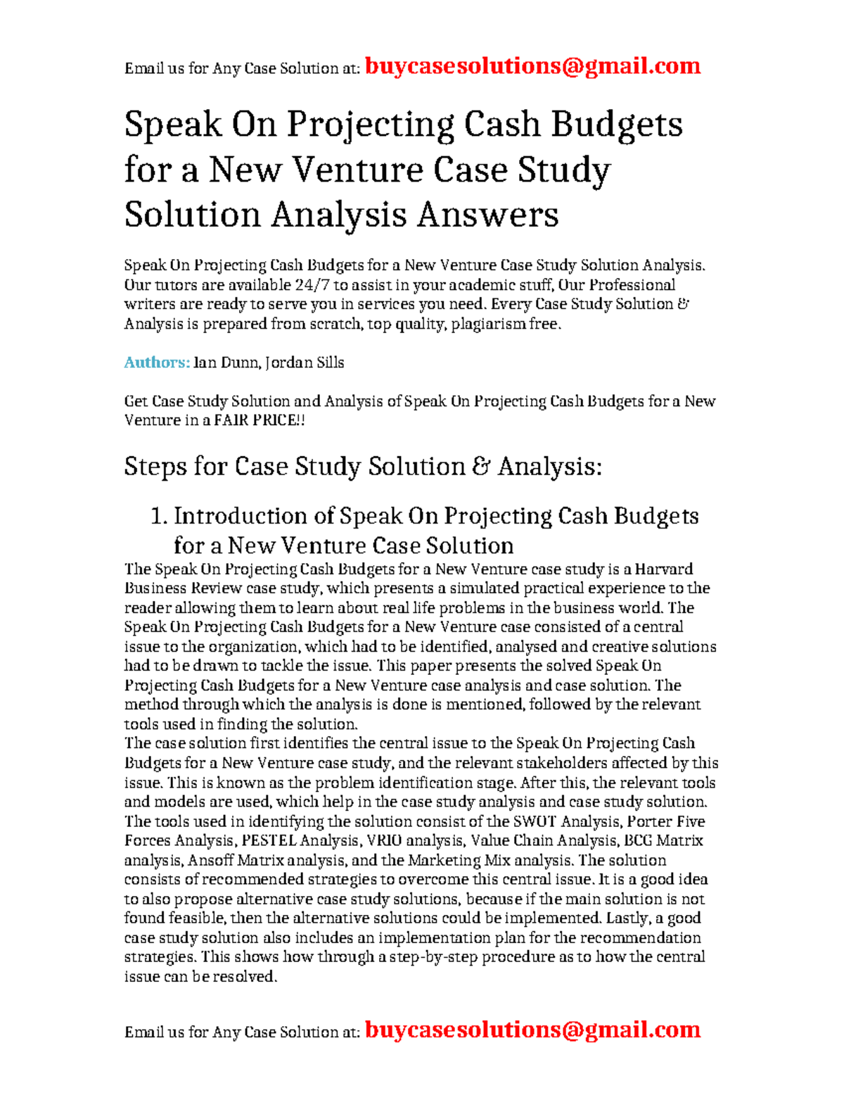 Case Solution Speak On Projecting Cash Budgets for a New Venture ...