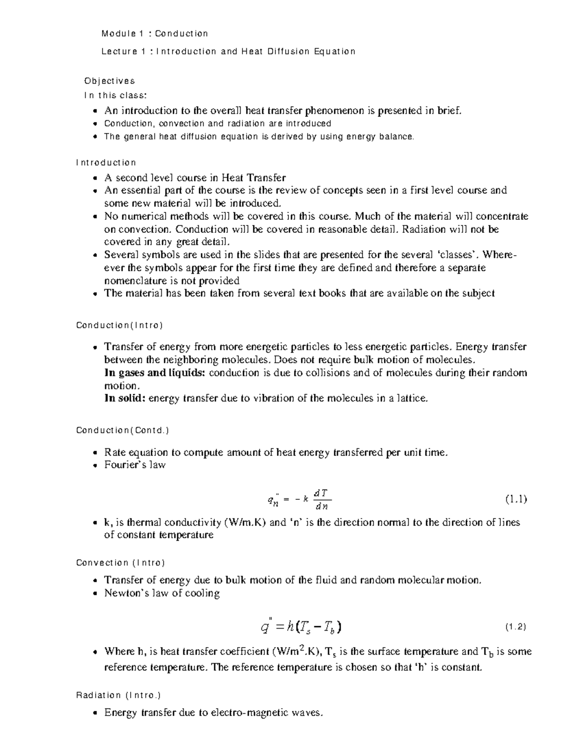 Lec1 Heat Transfer M O D U L E 1 Co N D U C T I O N Le C T U R E