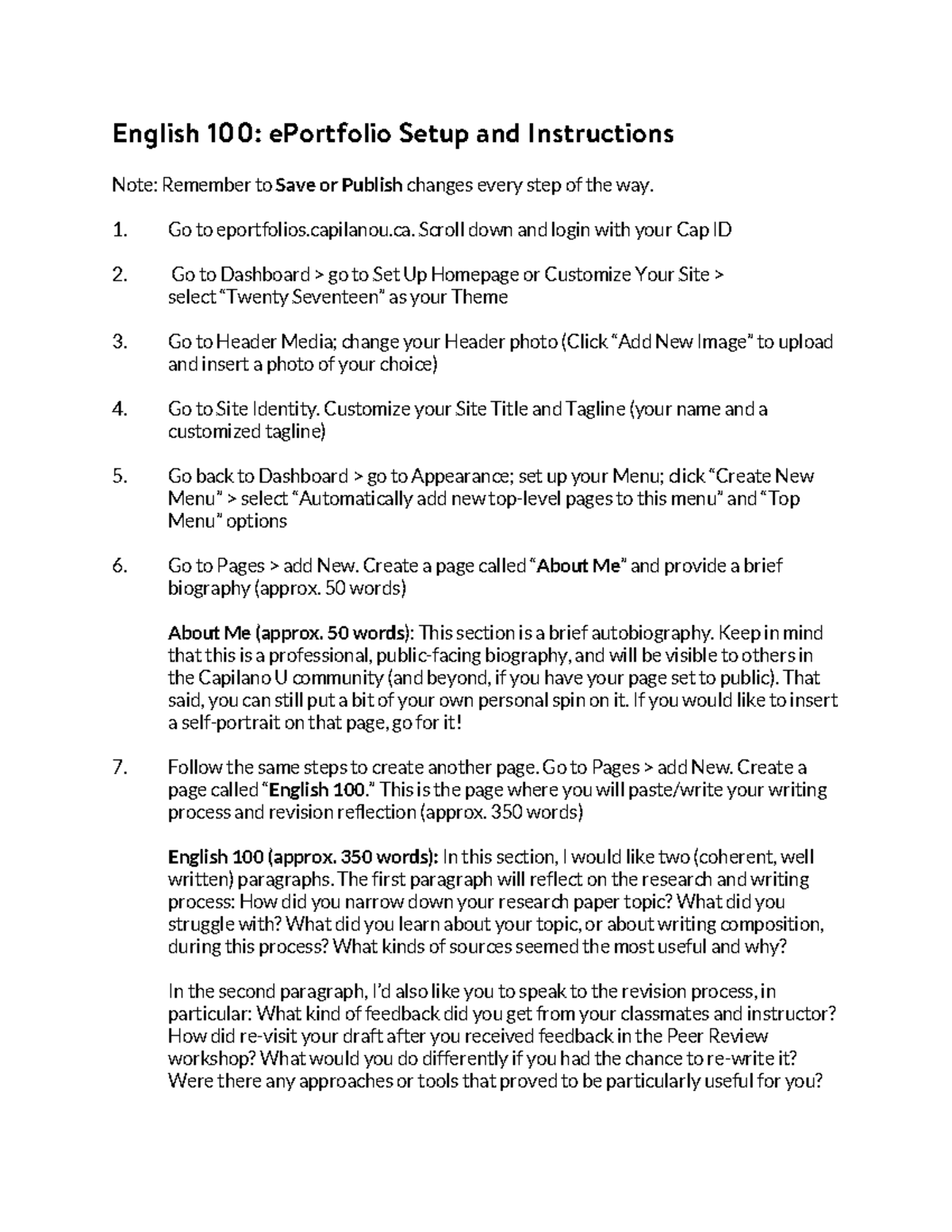 E Portfolio Instructions and Assignment Description - English 100 ...