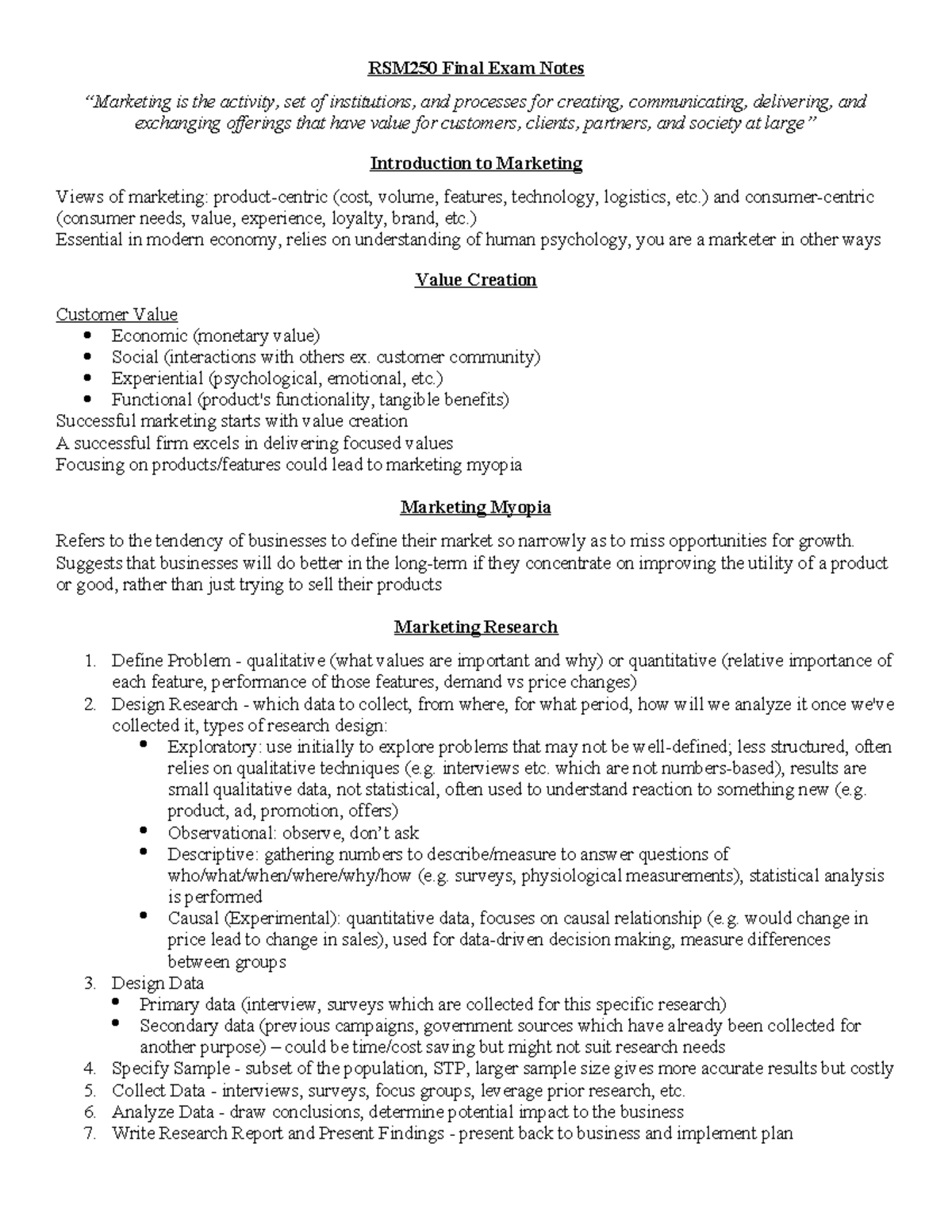 RSM250 Final Exam Notes - RSM250 Final Exam Notes “Marketing is the ...