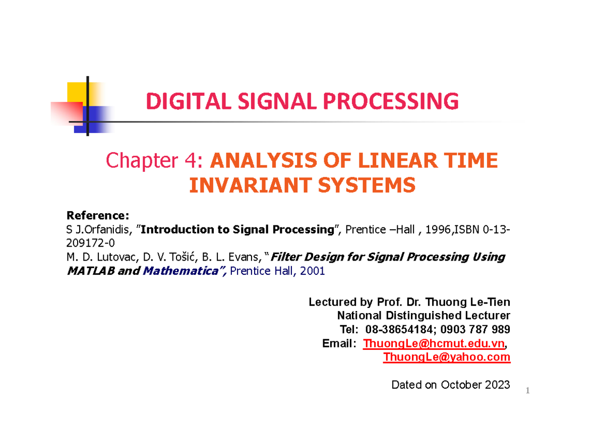 Ch4 Analysis LTI Oct2023 - DIGITAL SIGNAL PROCESSING ####### Chapter 4 ...