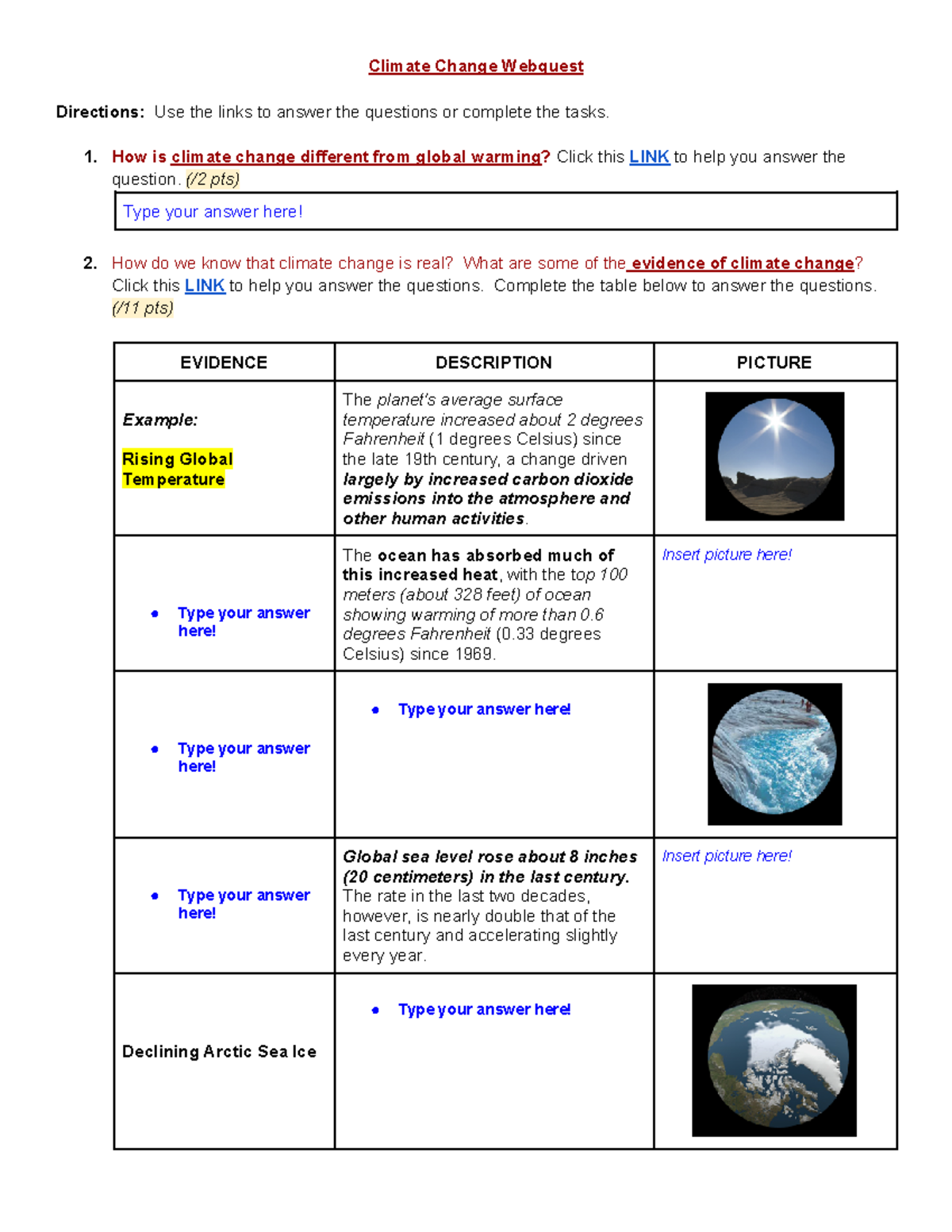 - Climate Change Webquest - Climate Change Webquest Directions: Use the ...