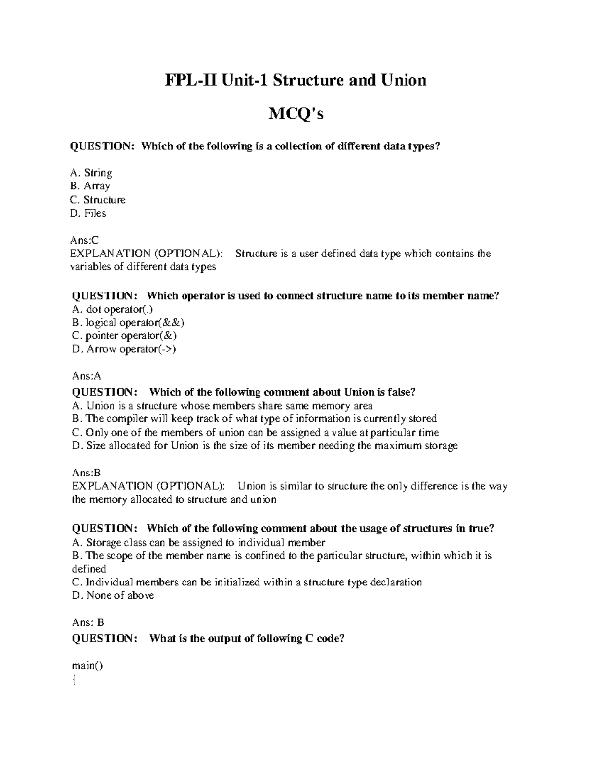 Fpl ii uniti mcq - we t - FPL-II Unit-1 Structure and Union MCQ's QUESTION: Which of the ...